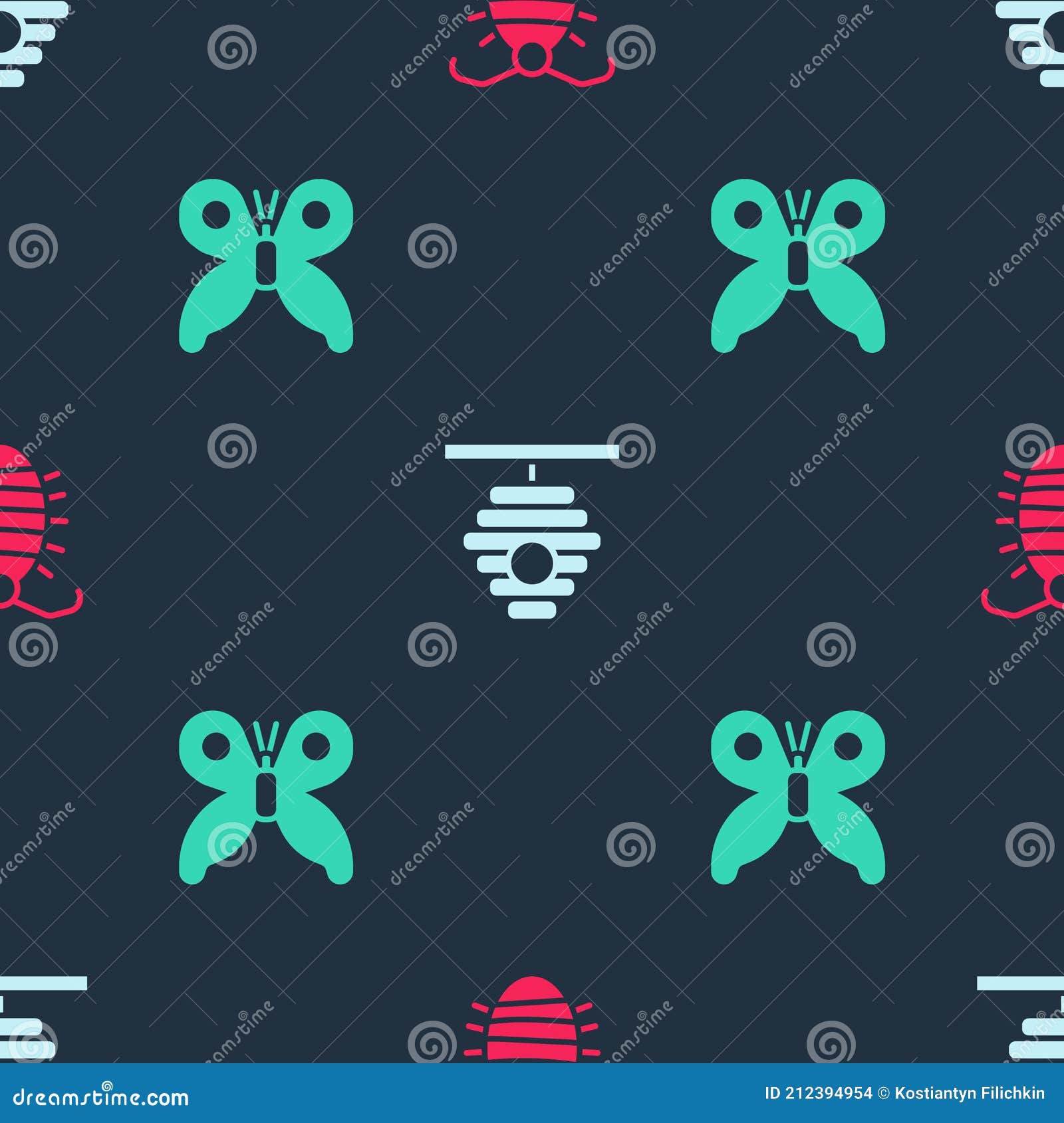 Set Larva Insect, Hive for Bees and Butterfly on Seamless Pattern ...