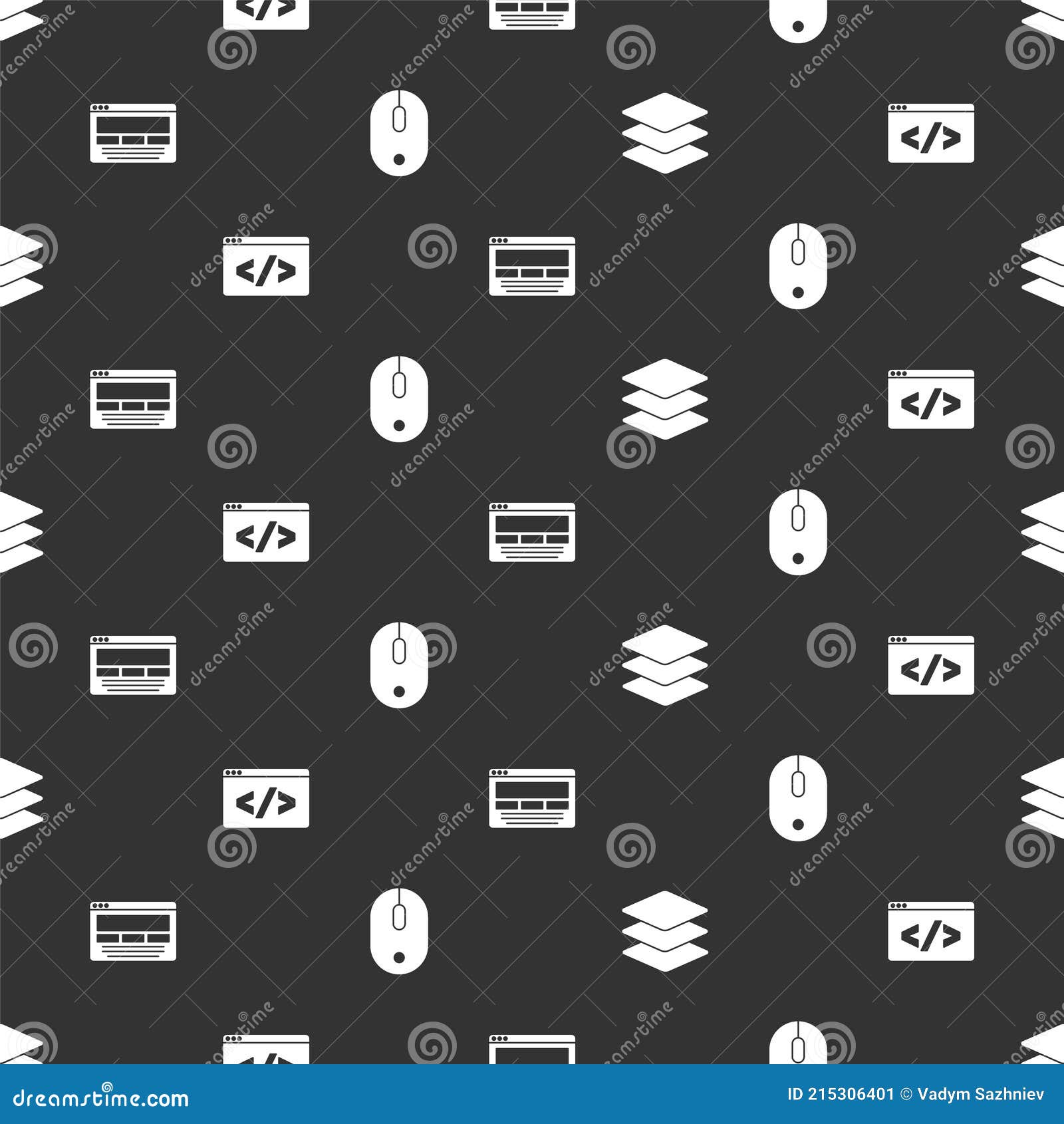 Set Layers, Front End Development, UI or UX Design and Computer Mouse on Seamless Pattern ...