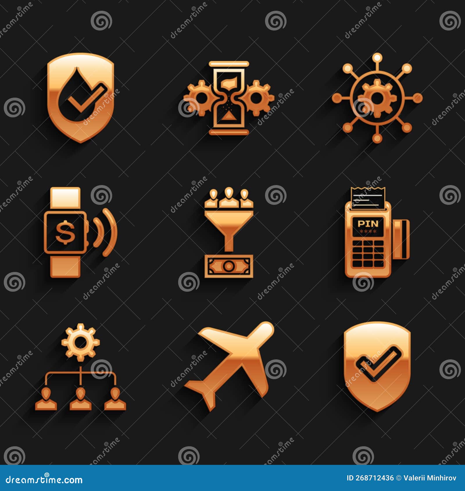 Set Lead Management, Plane, Shield with Check Mark, POS Terminal, and ...