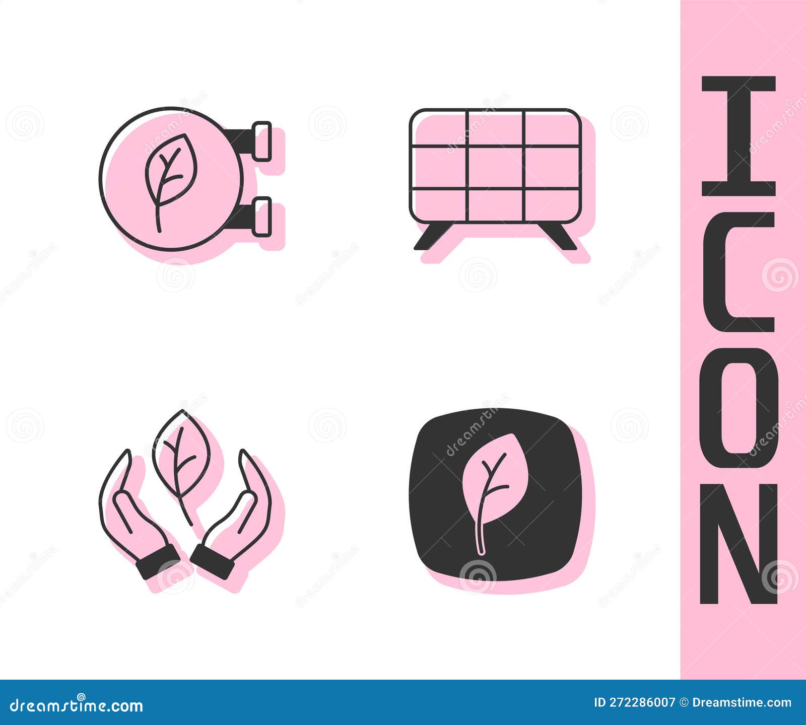 Set Leaf Eco Symbol, Shop, in Hand and Solar Energy Panel Icon. Vector ...