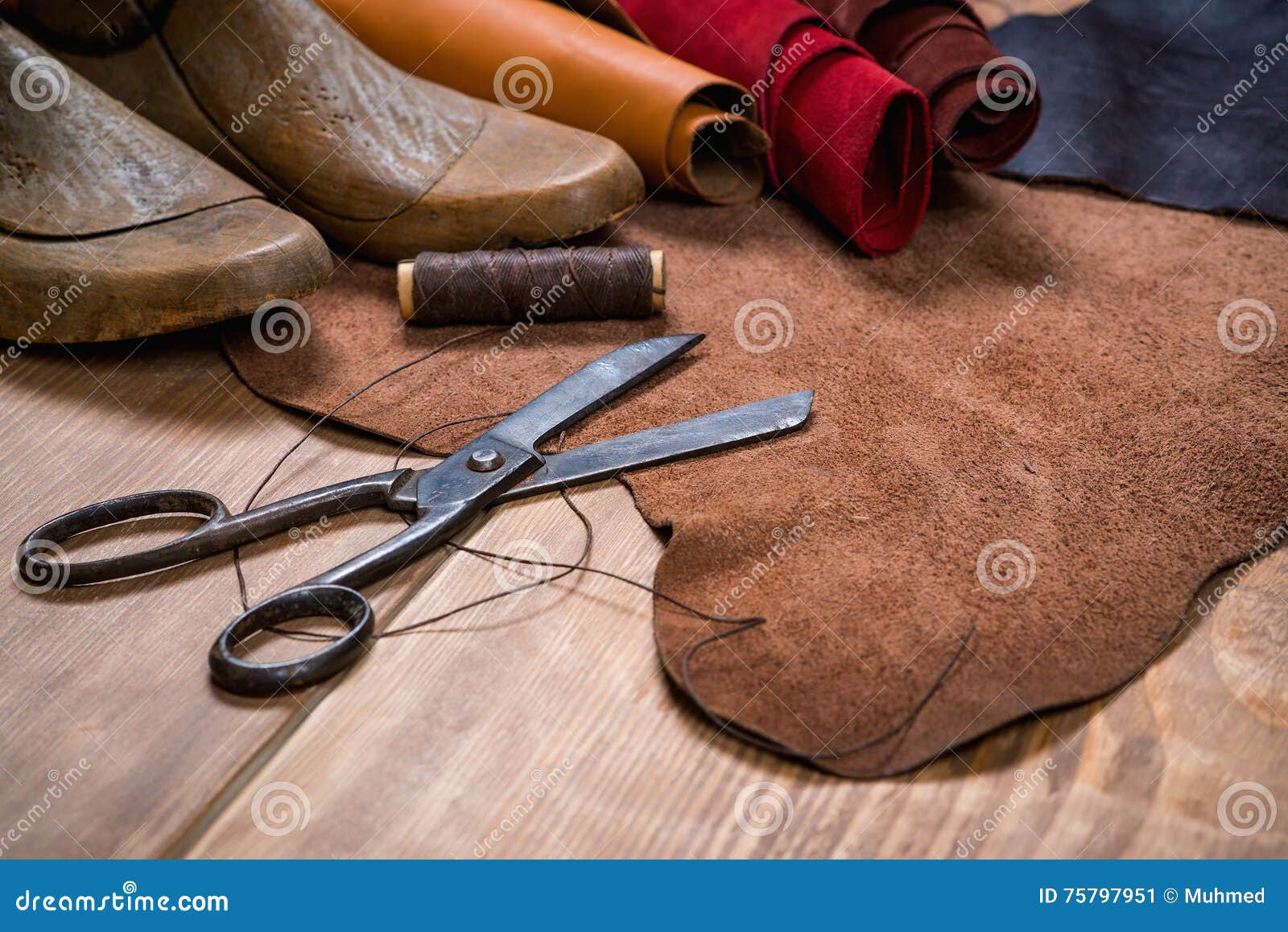 Set of Leather Craft Tools on Wooden Background. Workplace for ...
