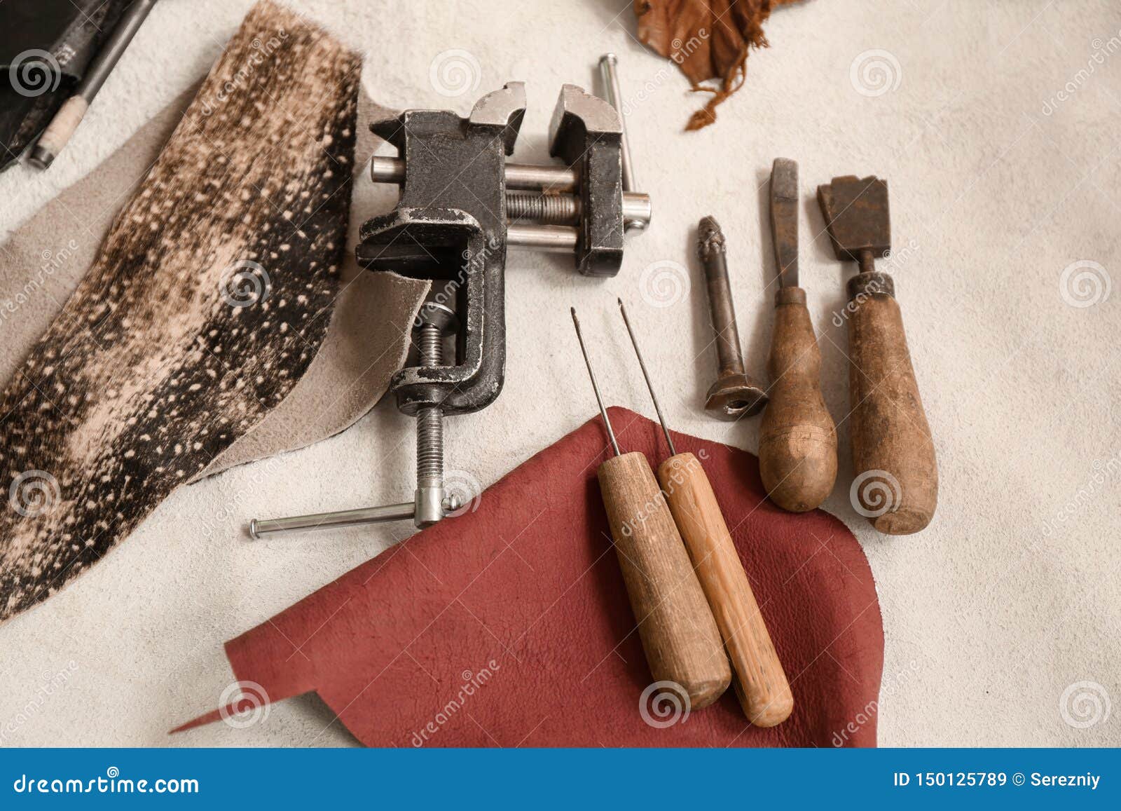 Set of Leather Working Tools on Table in Workshop Stock Image - Image ...