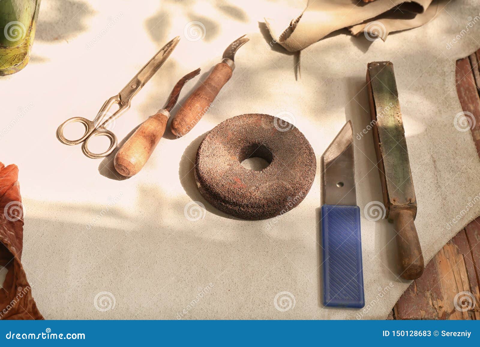 Set of Leather Working Tools on Table in Workshop Stock Image - Image ...