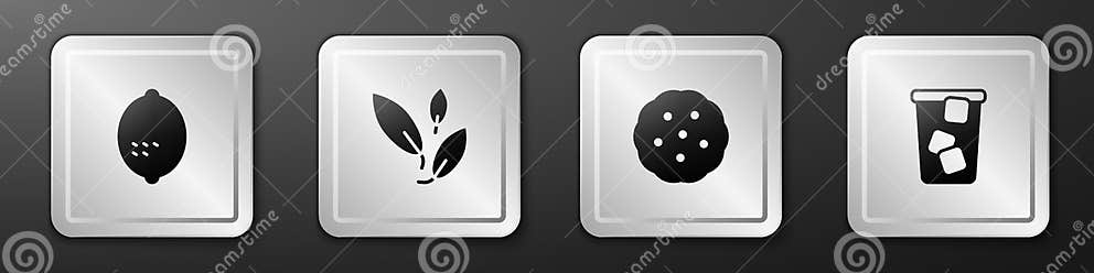 Set Lemon, Tea Leaf, Cookie or Biscuit and Ice Tea Icon. Silver Square ...