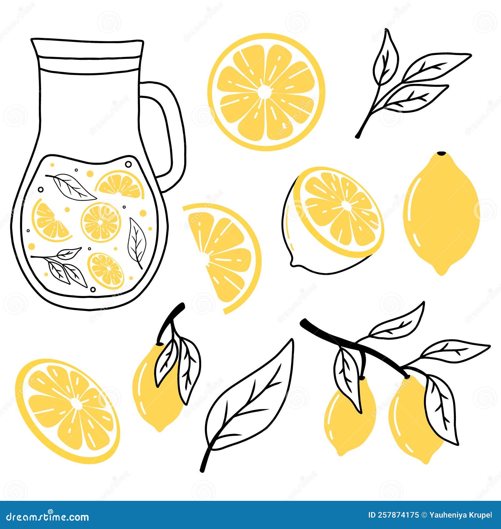 Set of Lemons in Doodle Style. Collection of Lemons on a Branch, a ...