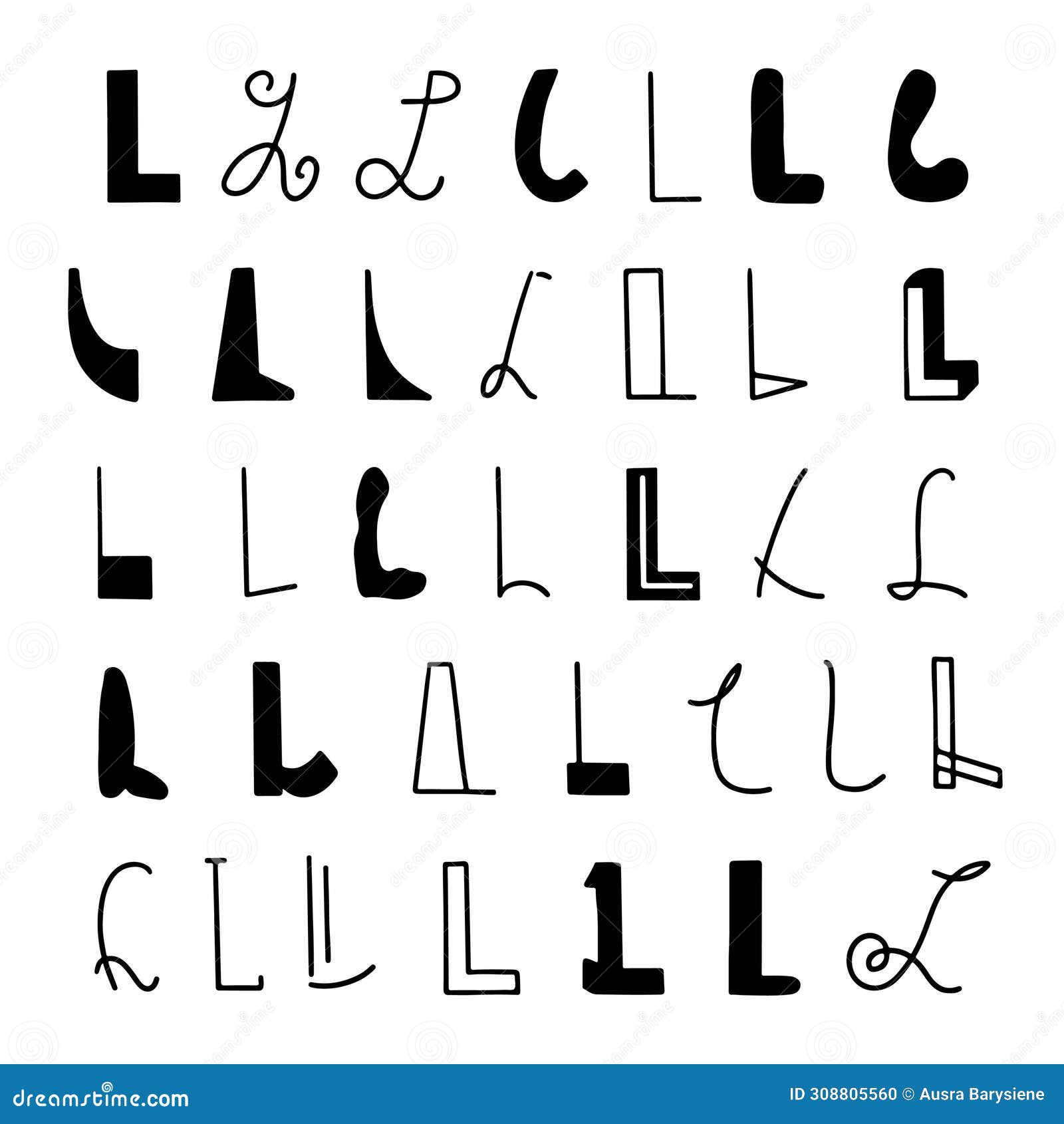 Set of Letters L in Different Styles. Hand Drawn Lettering. Isolated on ...