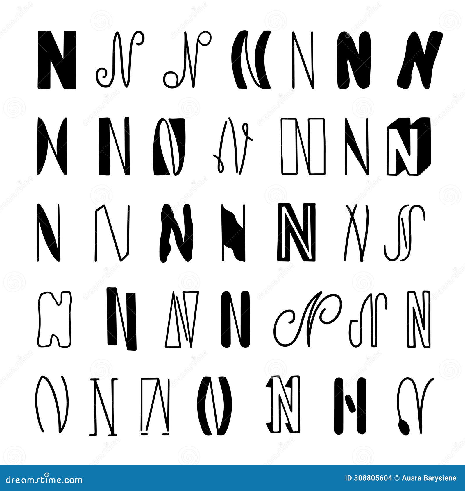 Set of Letters N in Different Styles. Hand Drawn Lettering. Isolated on ...