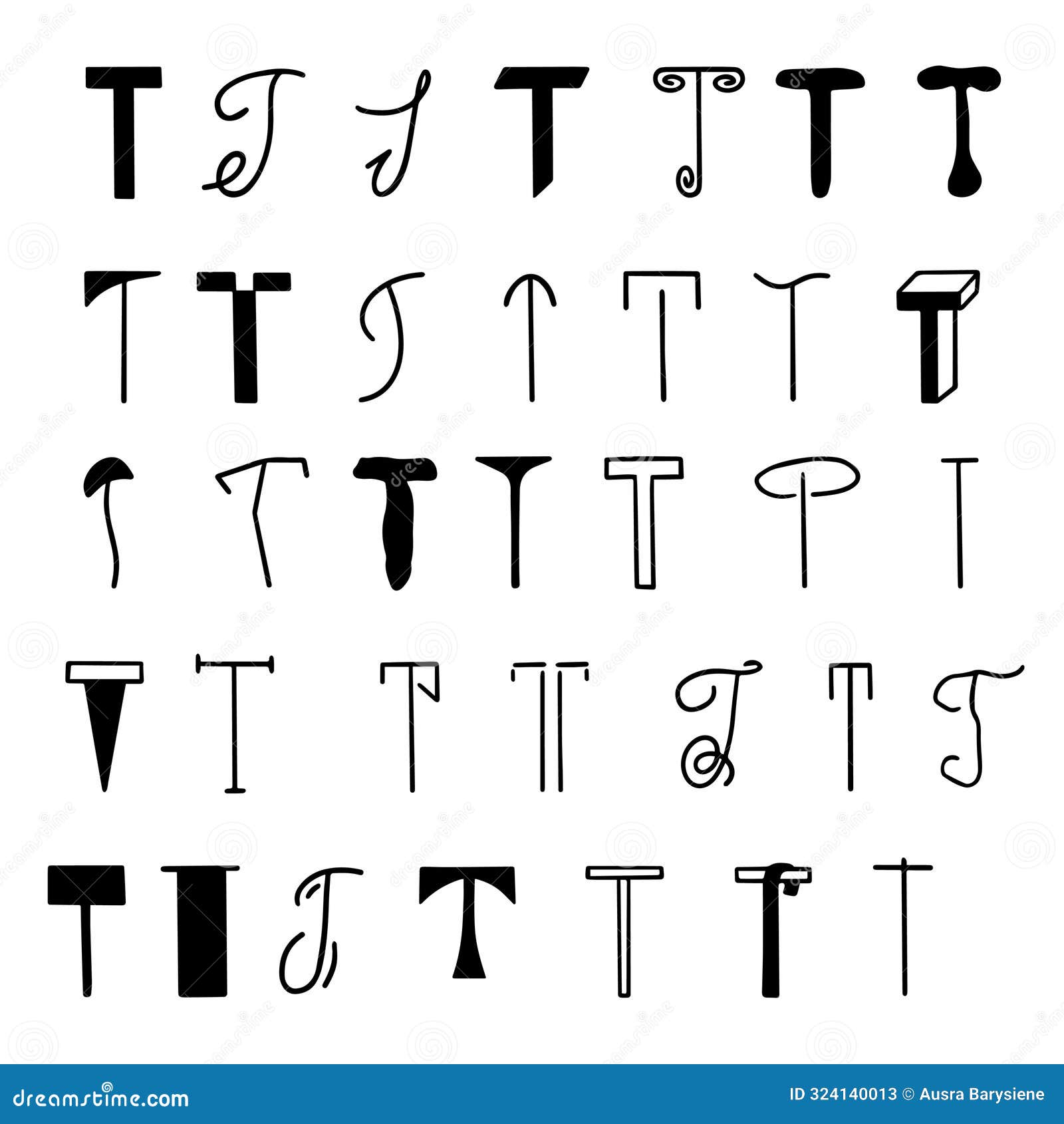 Set of Letters T in Different Styles. Hand Drawn Lettering Stock Vector ...