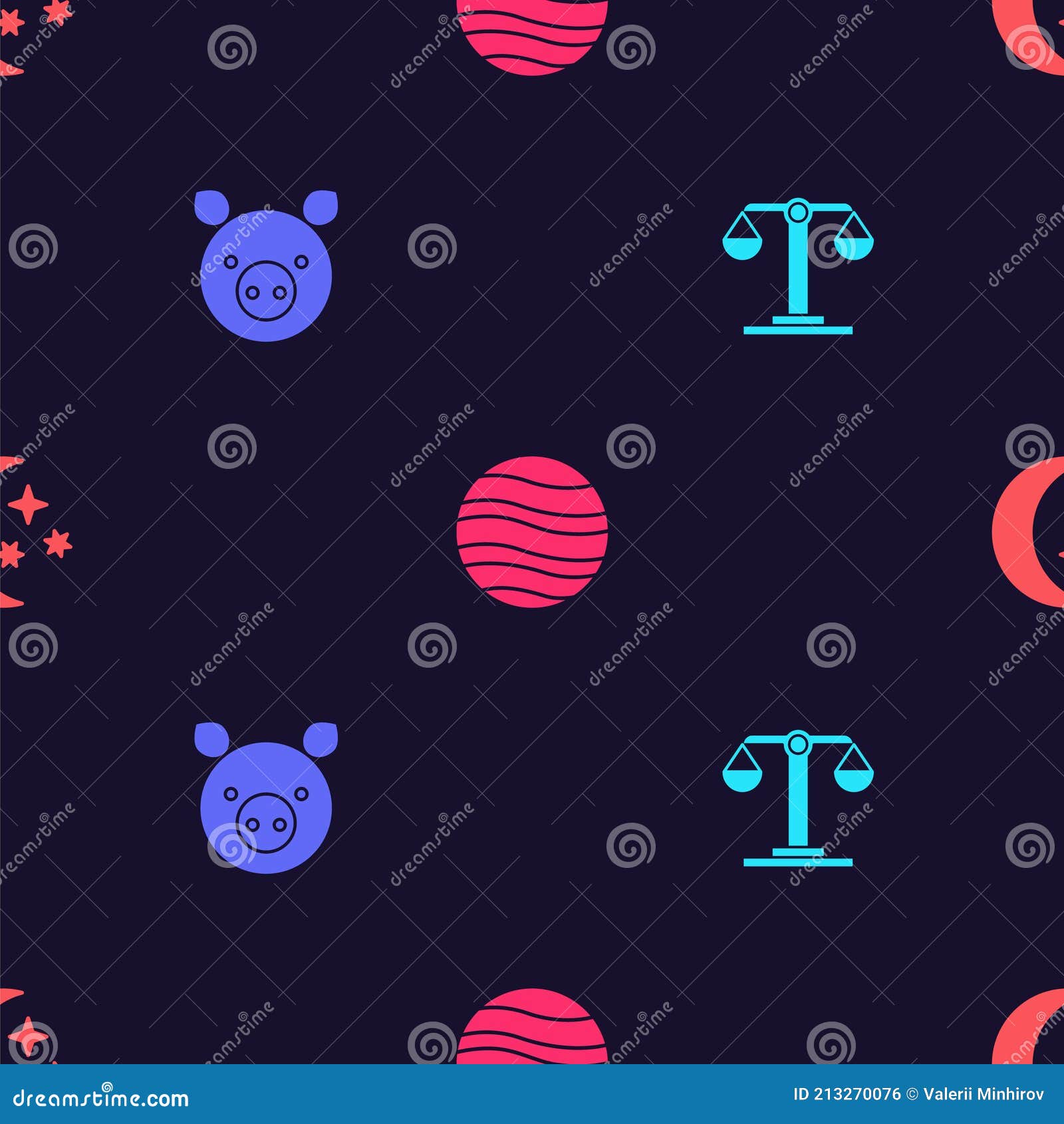 Set Libra Zodiac, Pig, Planet Jupiter and Moon and Stars on Seamless ...