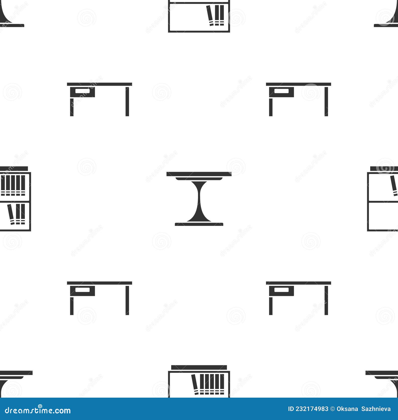 Set Library Bookshelf, Round Table and Office Desk on Seamless Pattern ...