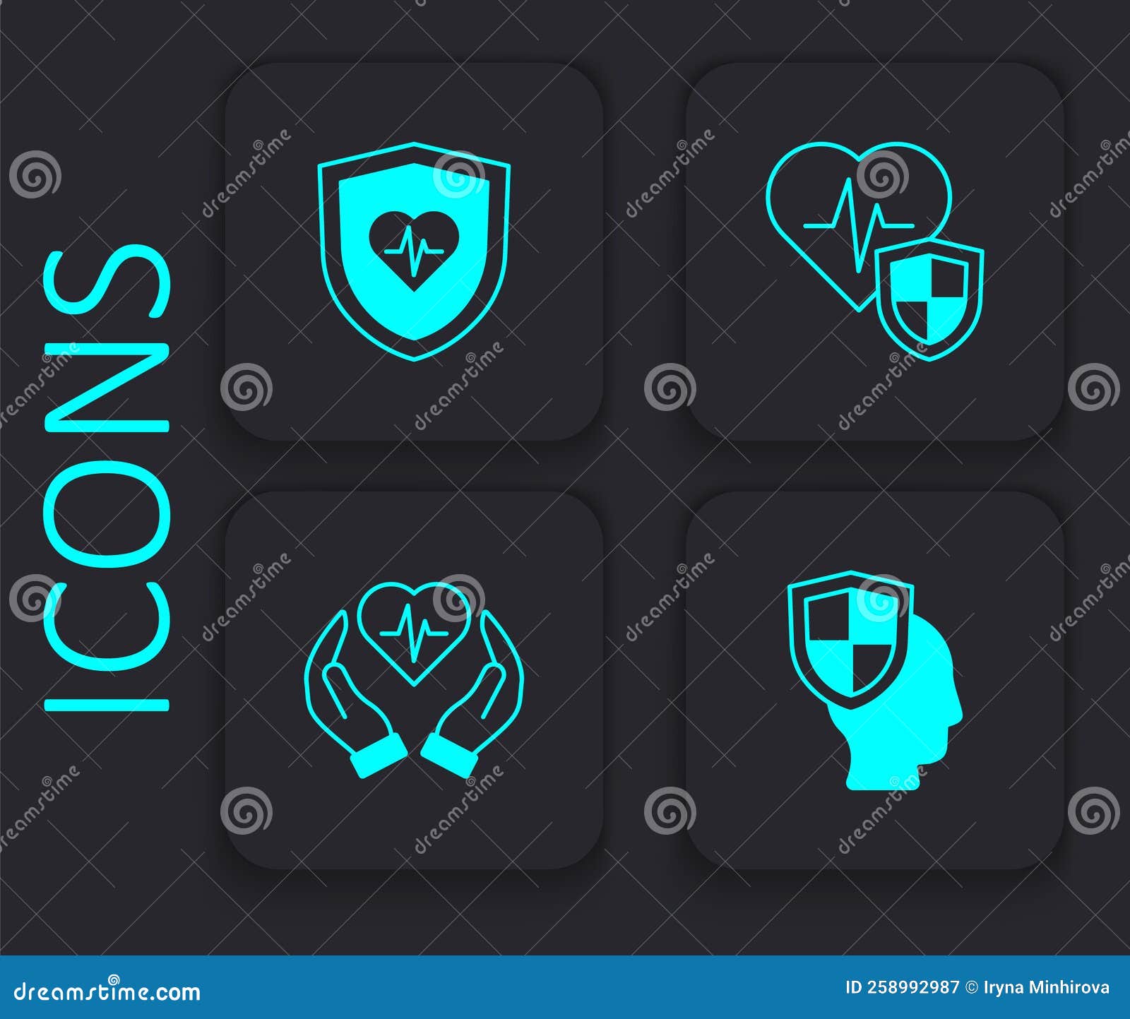 Set Life Insurance with Shield, and Icon. Black Square Button. Vector ...