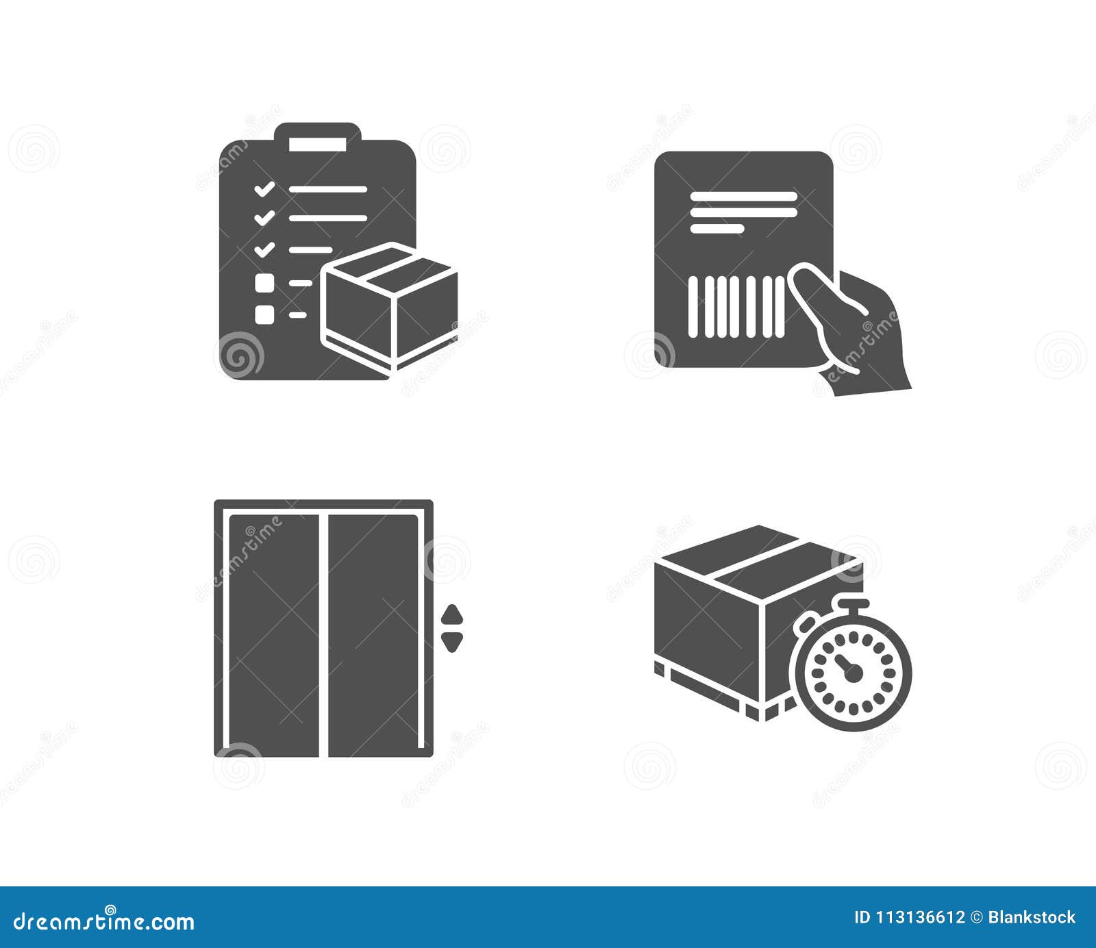 Lift, Parcel Invoice And Parcel Checklist Icons. Delivery Timer Sign ...