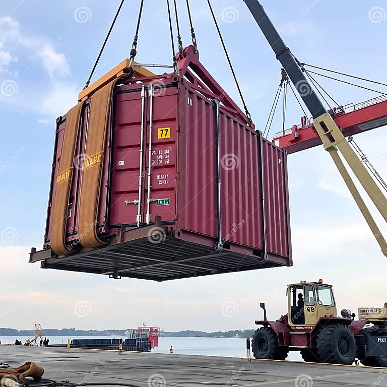 A Set of Lifting Slings Securing a Large Cargo Container on a Dock with ...