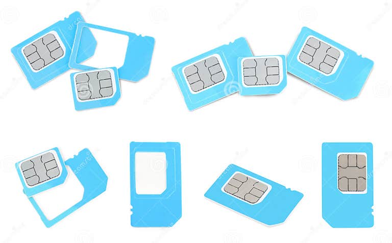 Set with Light Blue SIM Cards on White Background Stock Image - Image ...