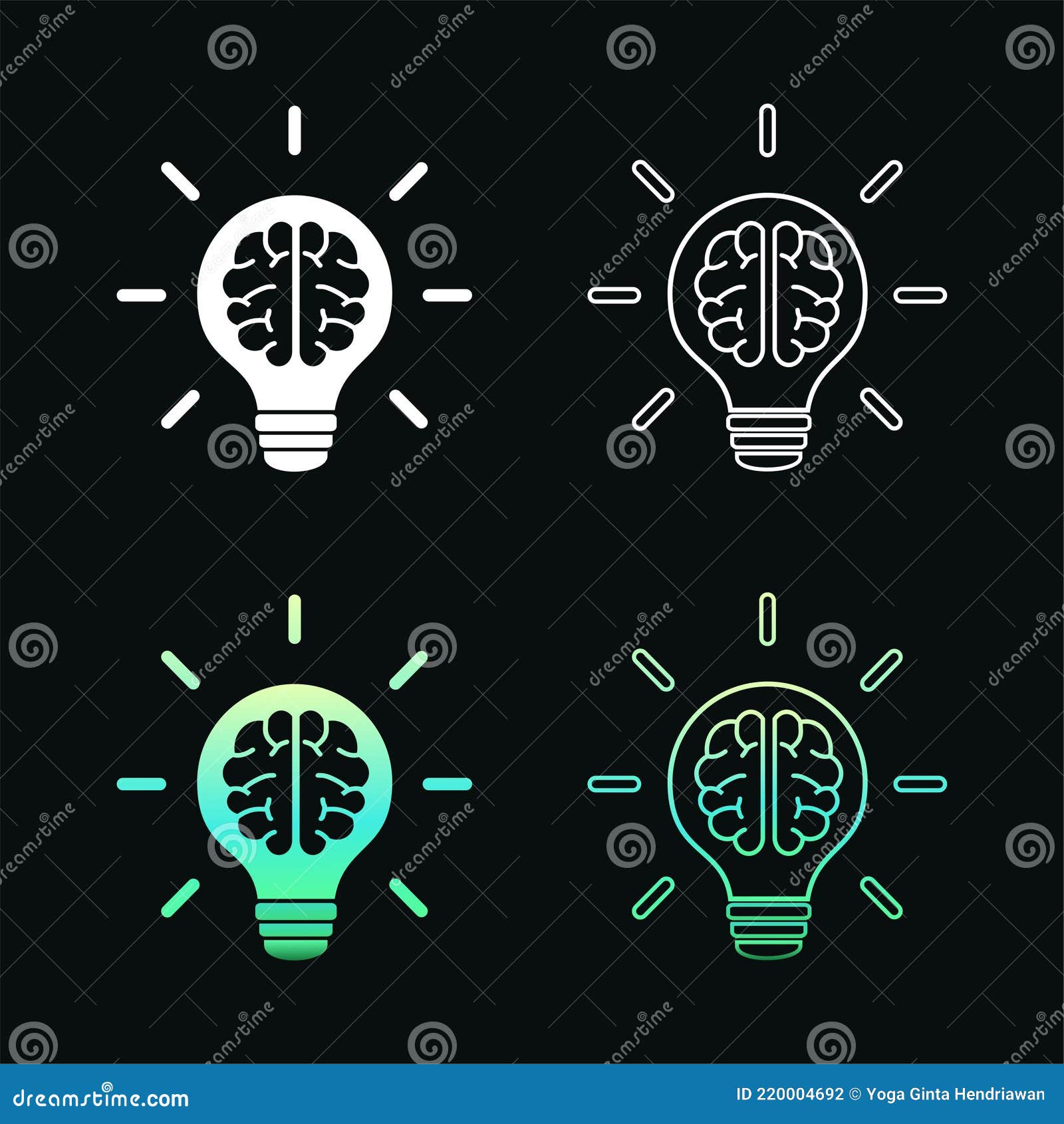Set of Light Bulb with a Brain Inside. Creating Ideas, Mind Thinking ...