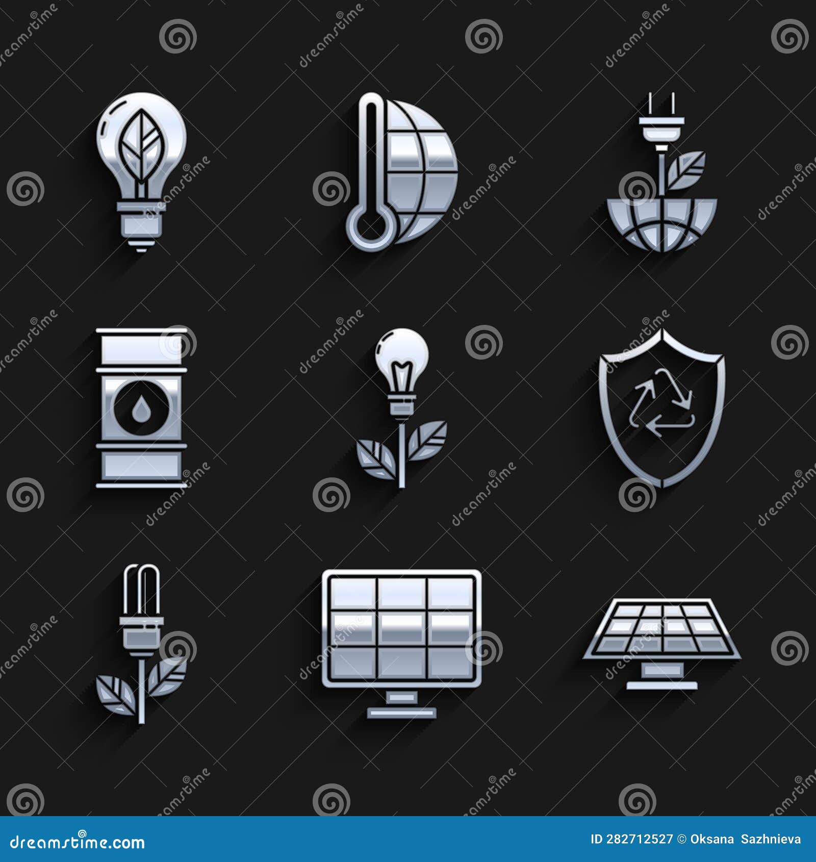 Set Light Bulb with Leaf, Solar Energy Panel, Recycle Symbol Inside ...