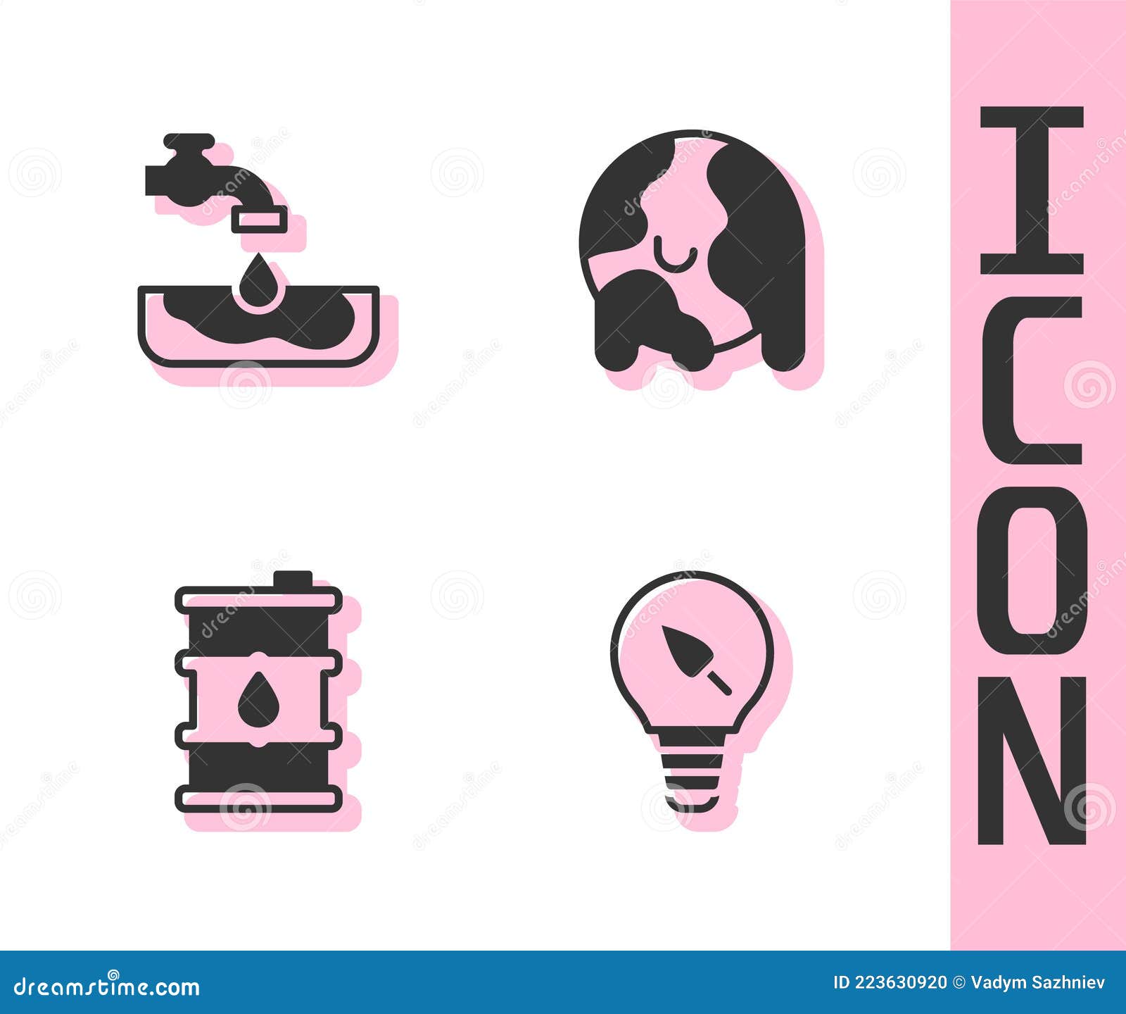 Set Light Bulb with Leaf, Water Problem, Barrel Oil and Global Warming ...