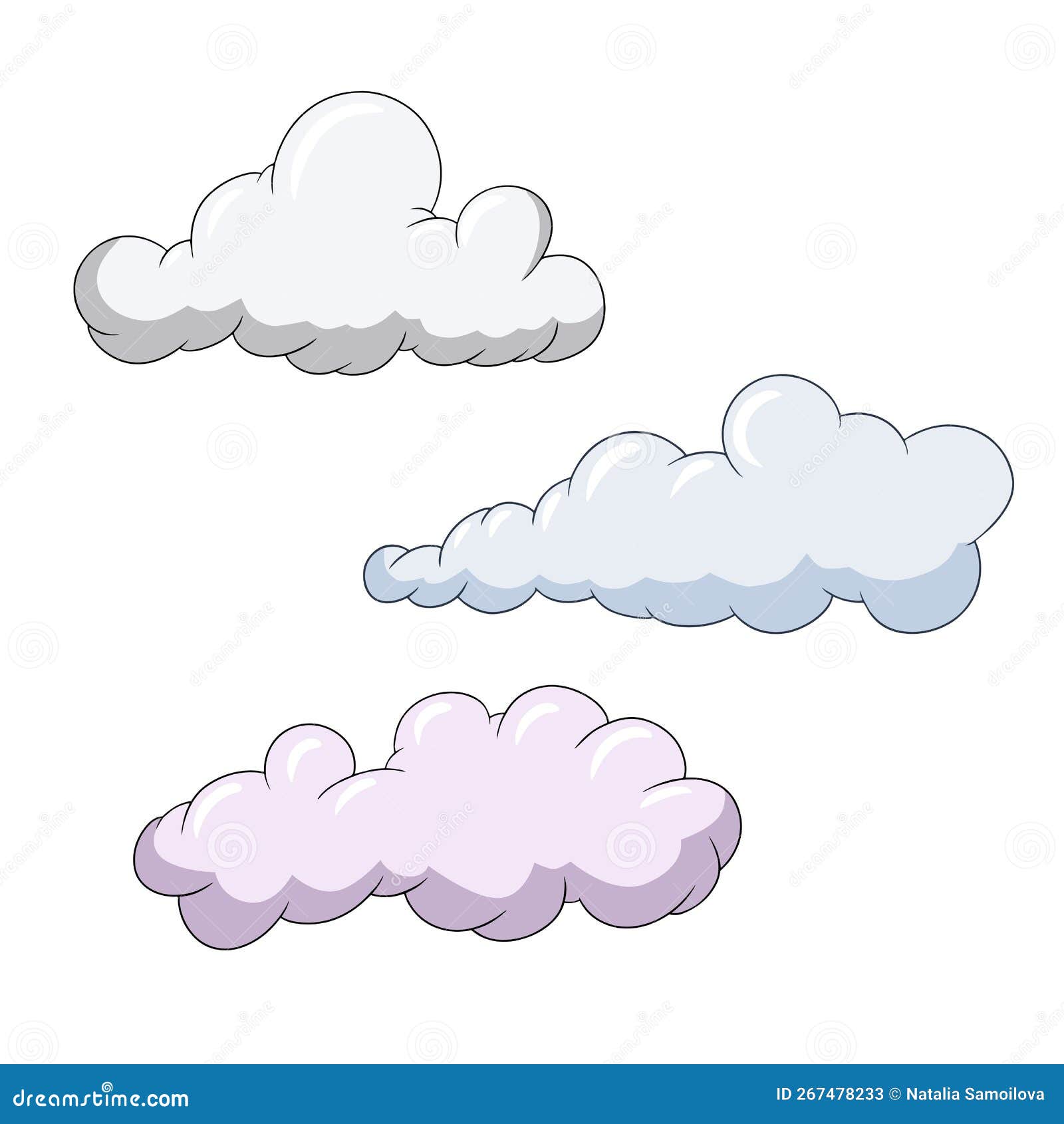 Set of Light Colored Cumulus Cloud in Cartoon Style, Large Clouds in ...