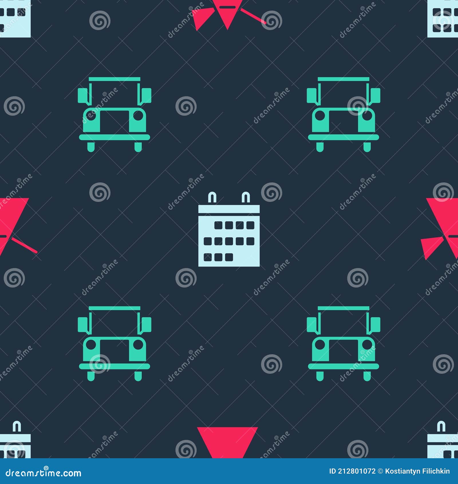 Set Light Rays in Prism, Calendar and School Bus on Seamless Pattern ...