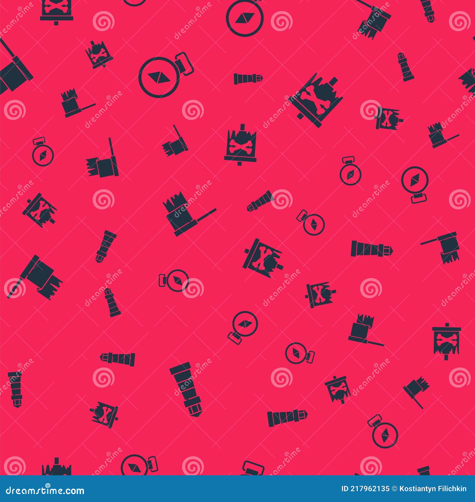 Set Lighthouse, Compass, Pirate Flag and on Seamless Pattern. Vector ...