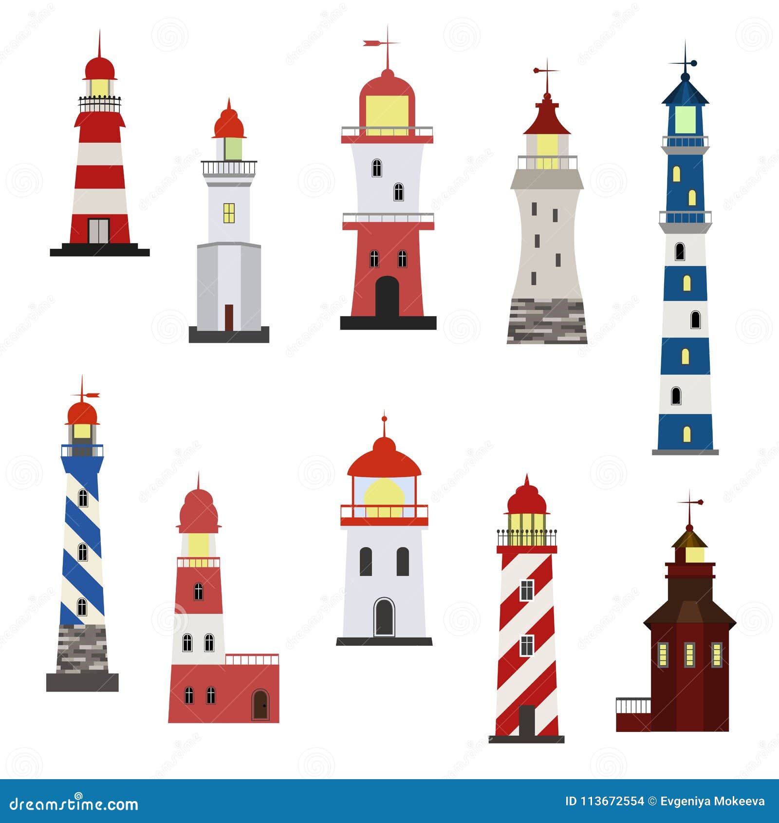 Set of lighthouses. stock vector. Illustration of light - 113672554