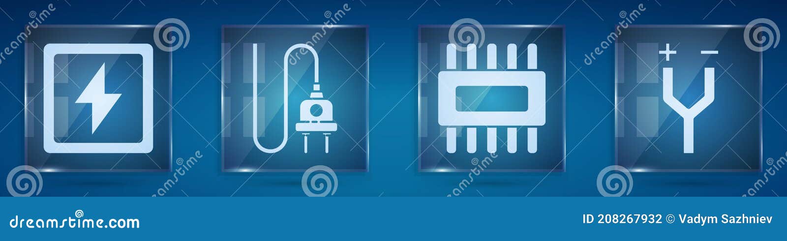 Set Lightning Bolt Electric Plug Processor With Microcircuits Cpu And Electric Cable Square