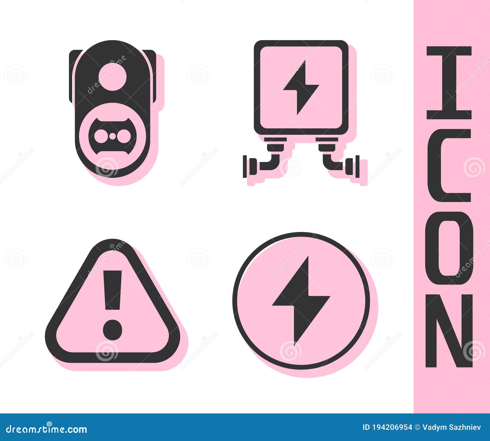 Set Lightning Bolt, Electrical Outlet, Exclamation Mark in Triangle and ...