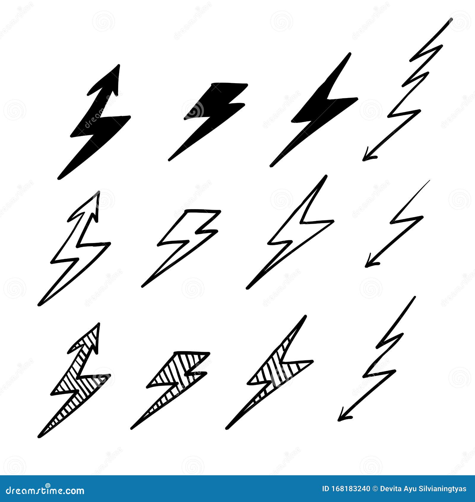 Set Lightning Bolt. Thunderbolt, Lightning Strike. Doodle Hand Drawn ...