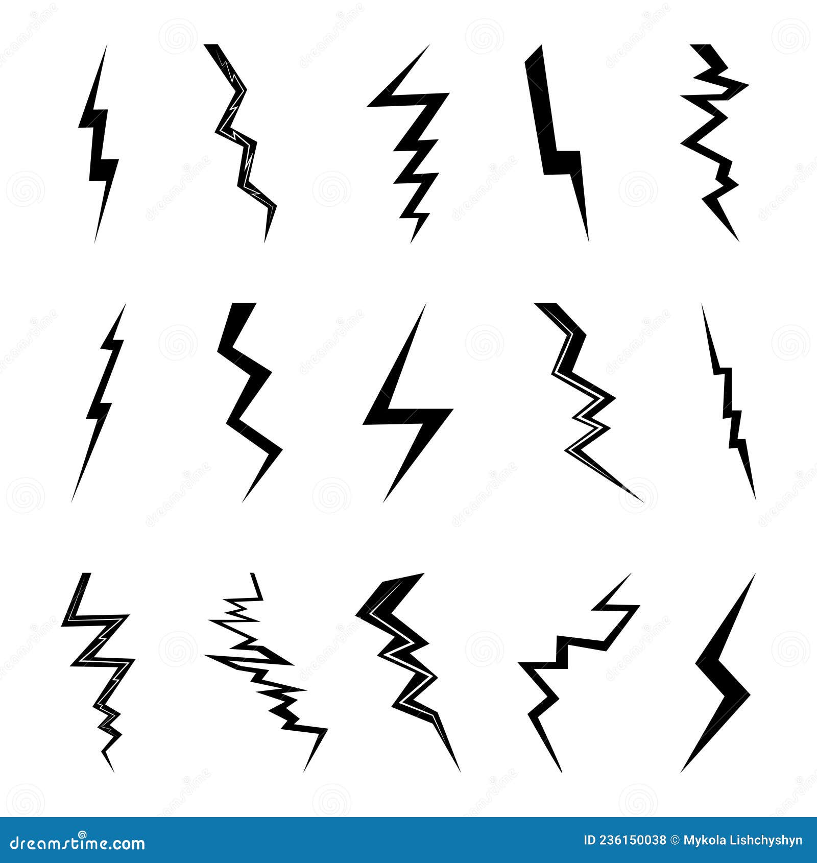 Set of Lightning on White Background. Variety Vector Lightning in Flat ...