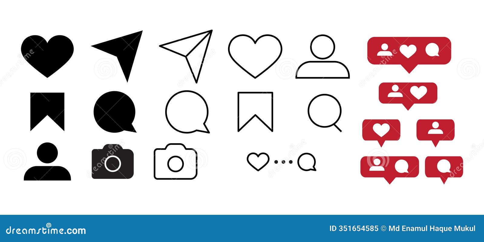Set of Like Comment, Camera, User, Share, Save, Like Buttons Icons for Graphic Design. Stock ...