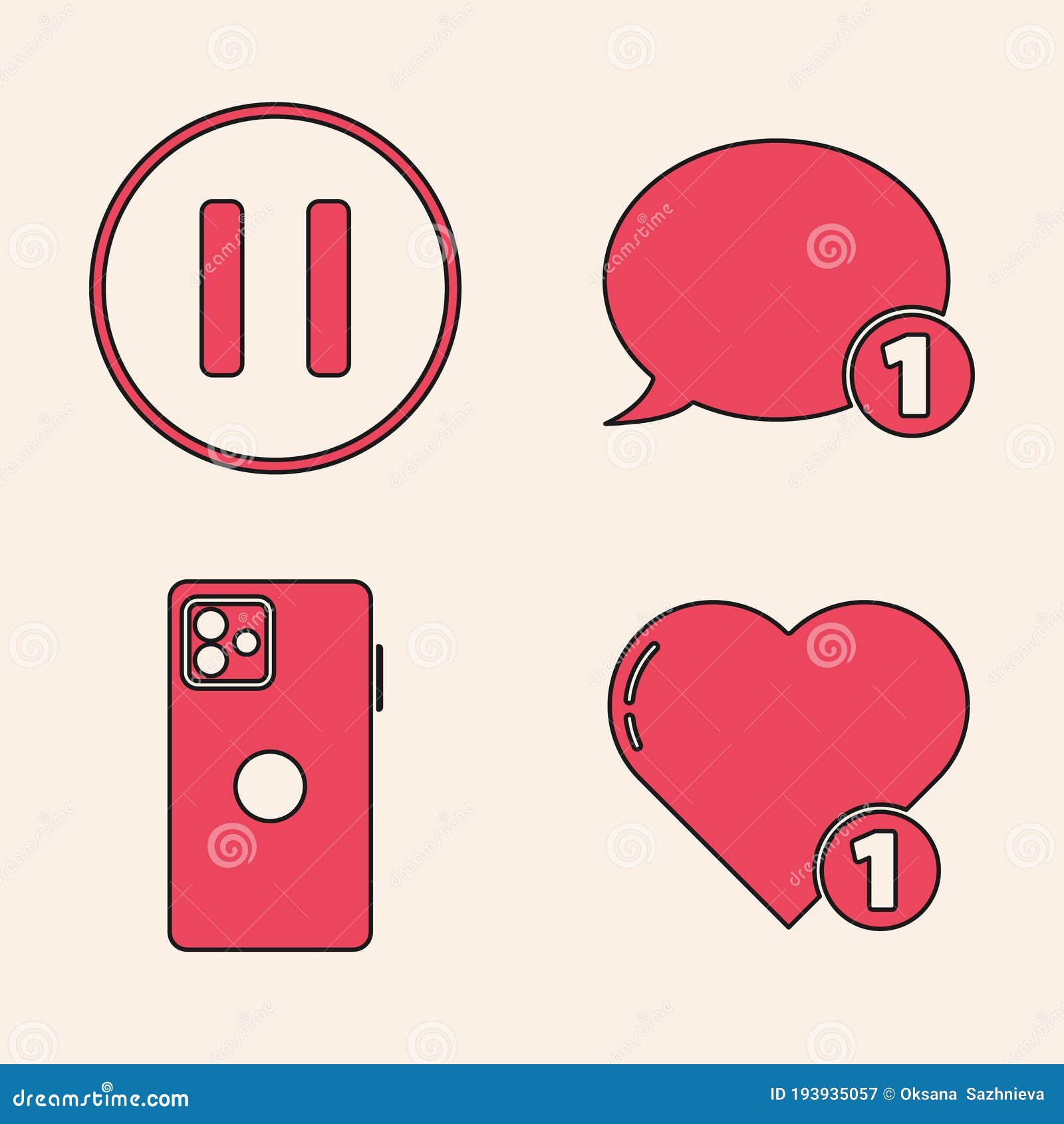 Set Like and Heart, Pause Button, Speech Bubble Chat and Smartphone ...