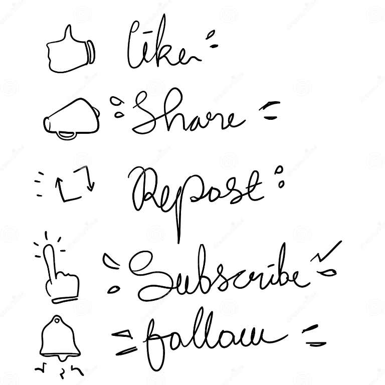 Set of Like Share Repost Subscribe Follow Hand Lettering Illustration ... Set of Like Share Repost Subscribe Follow Hand Lettering Illustration ...