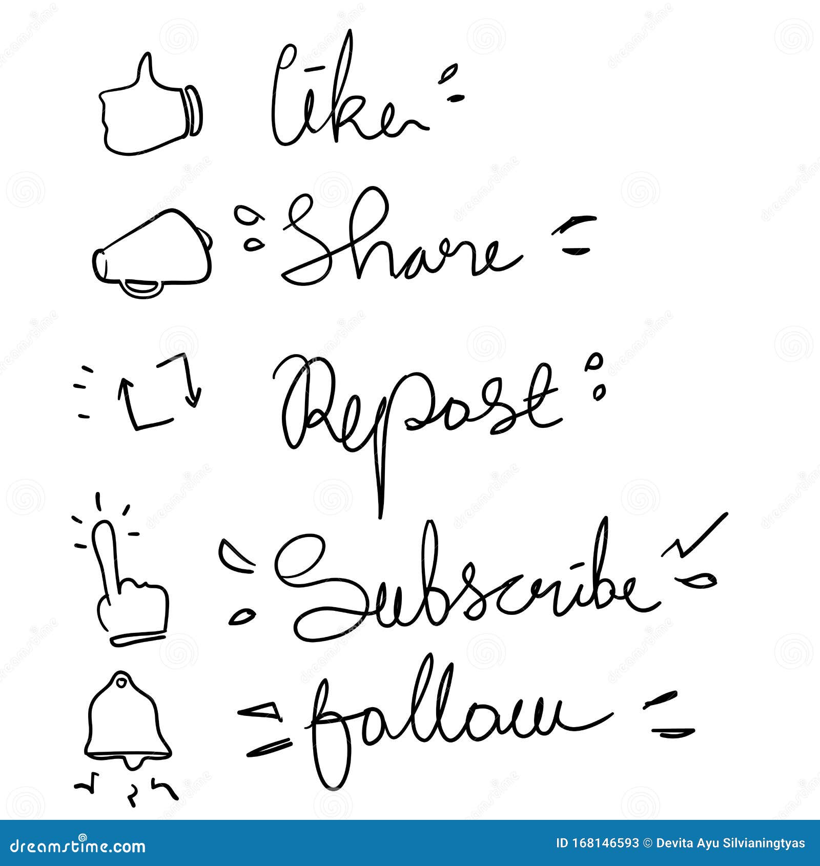 Set of Like Share Repost Subscribe Follow Hand Lettering Illustration ... Set of Like Share Repost Subscribe Follow Hand Lettering Illustration ...