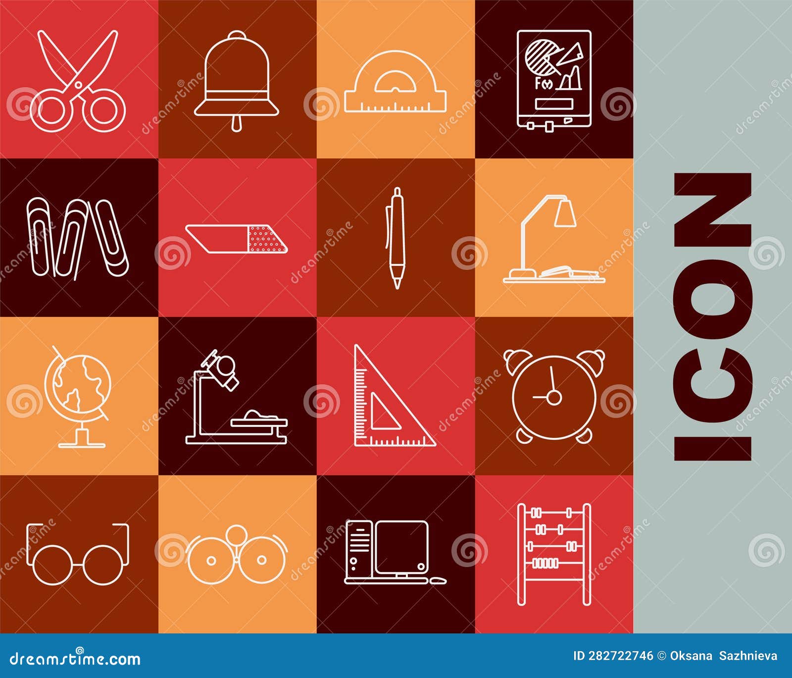 Set Line Abacus, Alarm Clock, Workplace with Table Lamp and Open Book ...