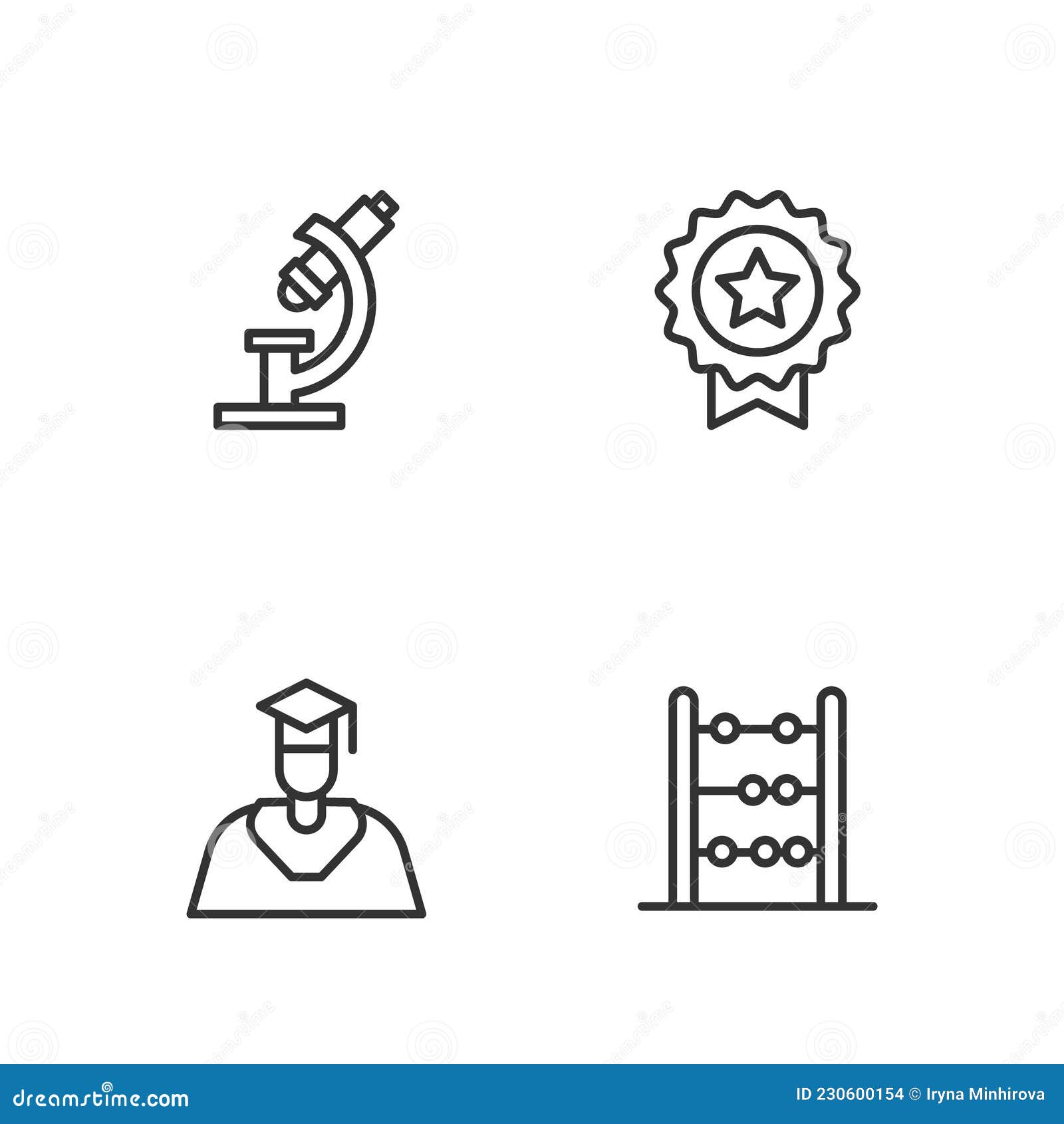Set Line Abacus, Graduate and Graduation Cap, Microscope and Medal with ...