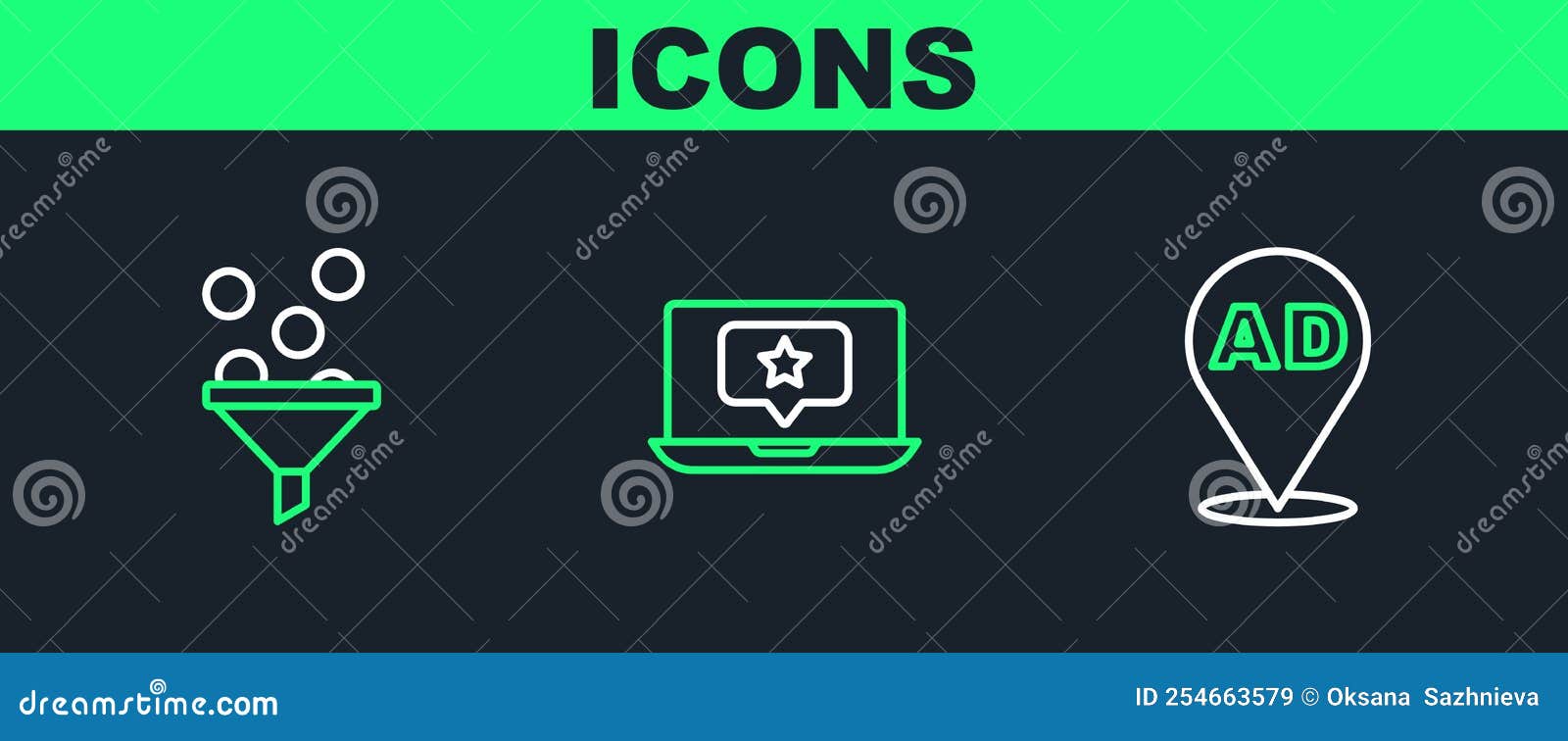 Set Line Advertising, Lead Management and Laptop with Star Icon. Vector ...