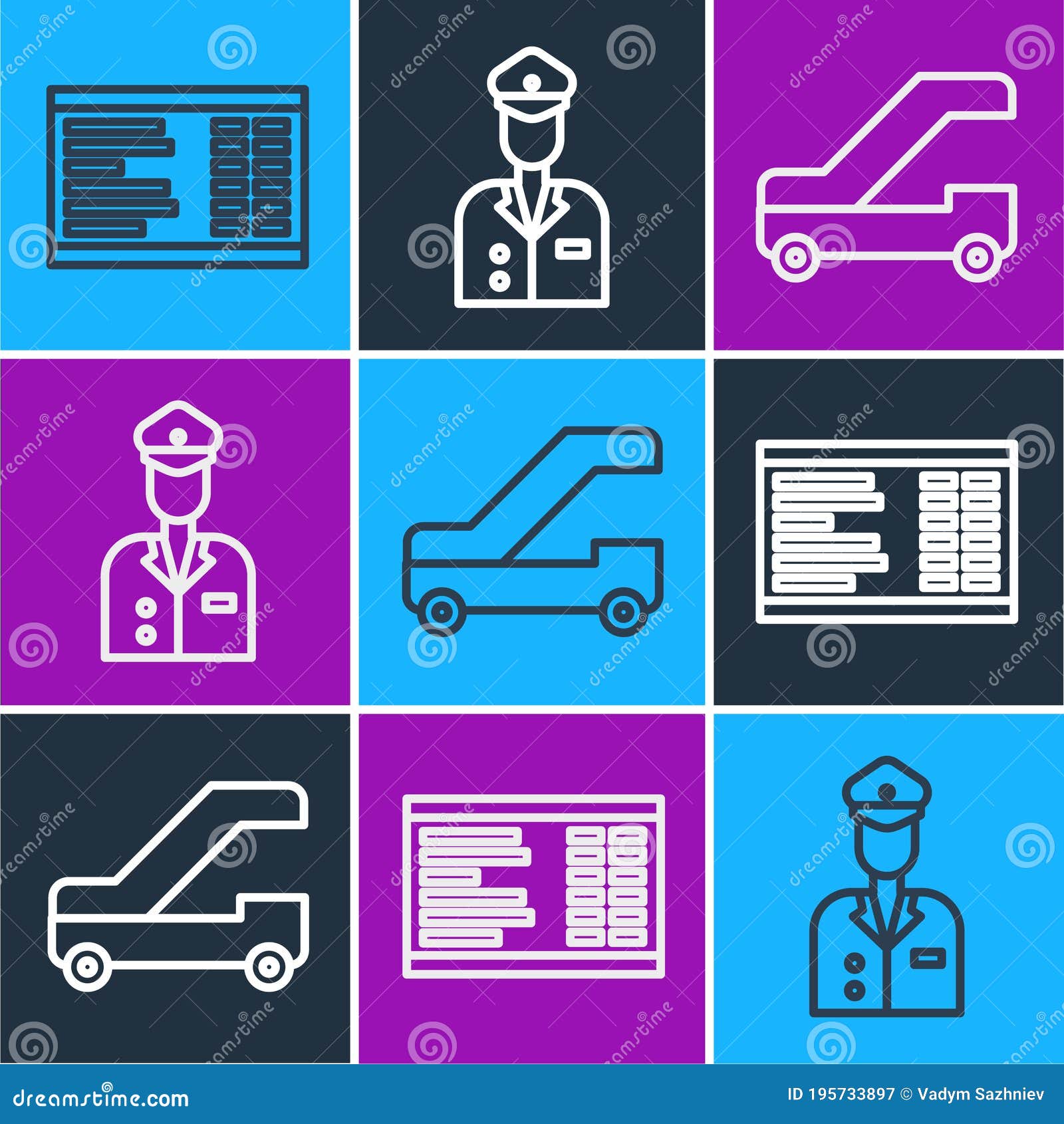 Set Line Airport Board, Passenger Ladder for Plane Boarding and Pilot ...