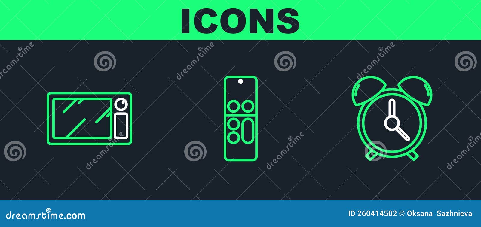 Set Line Alarm Clock, Microwave Oven and Remote Control Icon. Vector ...
