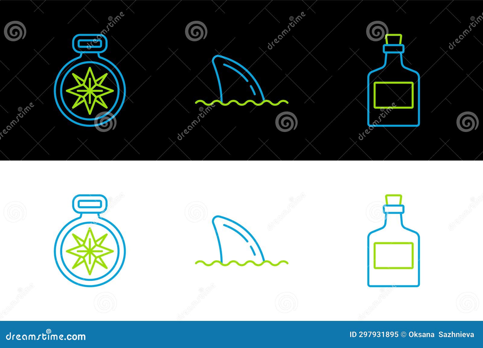 Set Line Alcohol Drink Rum, Compass And Shark Fin Ocean Wave Icon ...