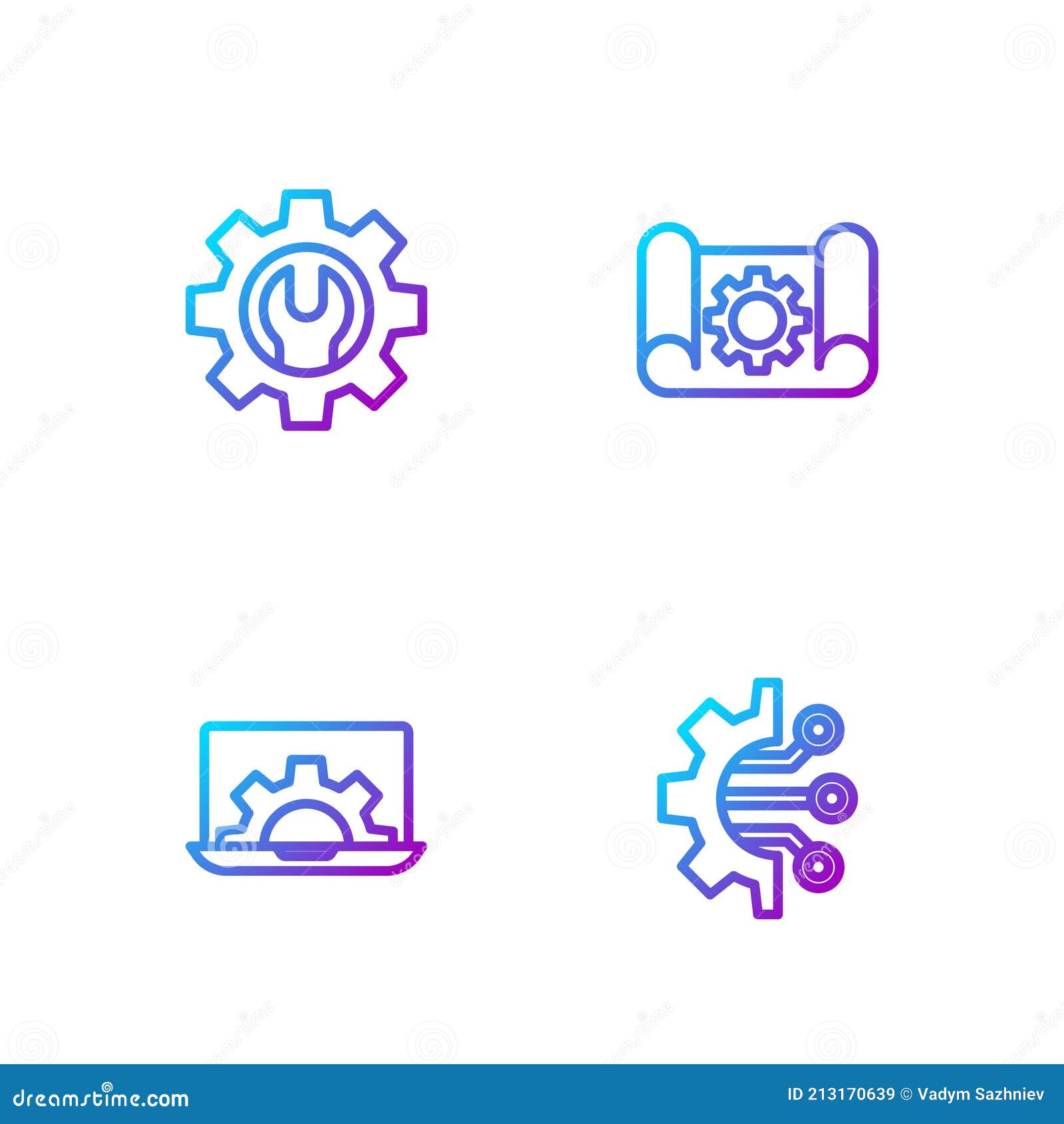 Set Line Algorithm, Laptop and Gear, Wrench Spanner and Graphing Paper. Gradient Color Icons ...