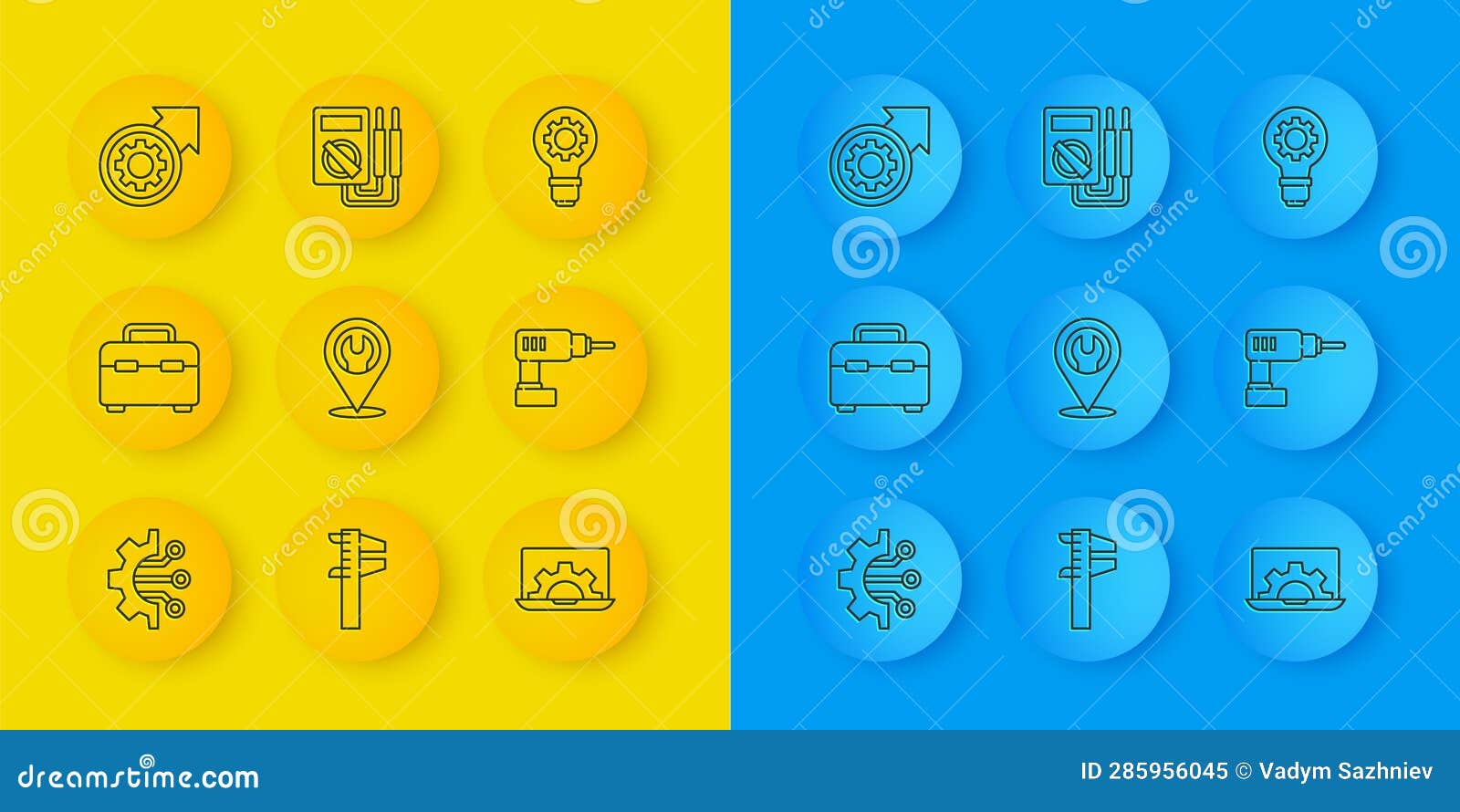 Set Line Algorithm, Toolbox, Location with Wrench Spanner, Laptop and Gear, Electric Drill ...