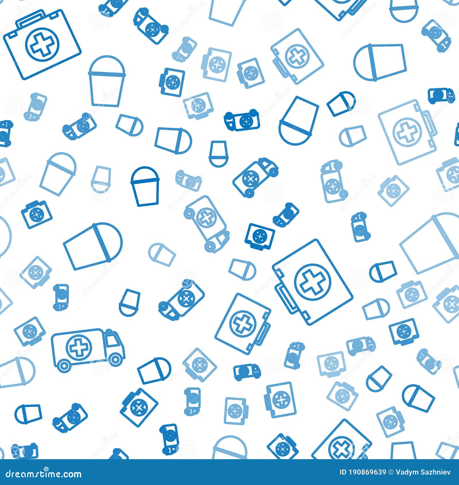 Set Line Ambulance And Emergency Car, First Aid Kit And Fire Bucket On ...