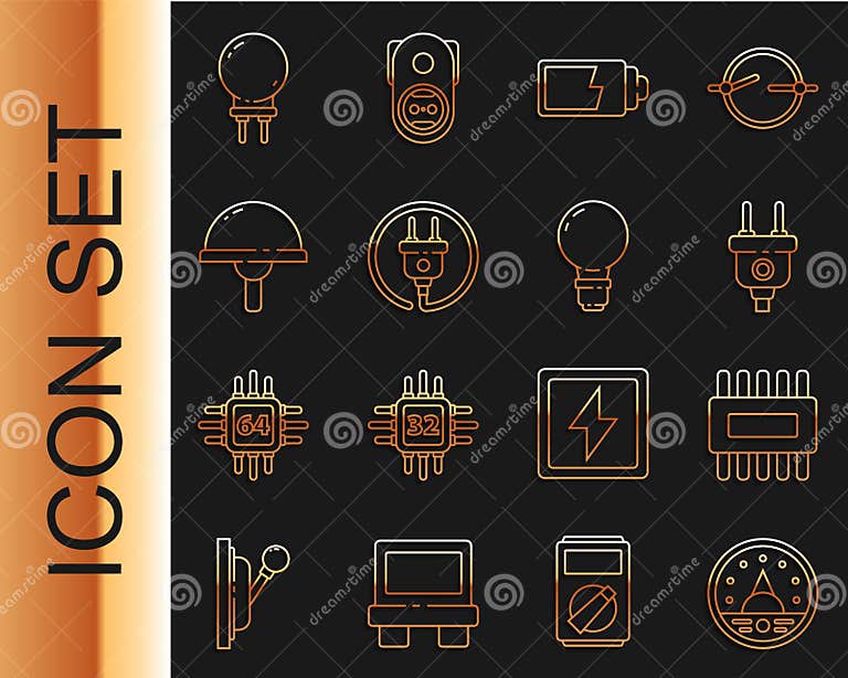 Set Line Ampere Meter, Multimeter, Voltmeter, Processor with Microcircuits CPU, Electric Plug ...