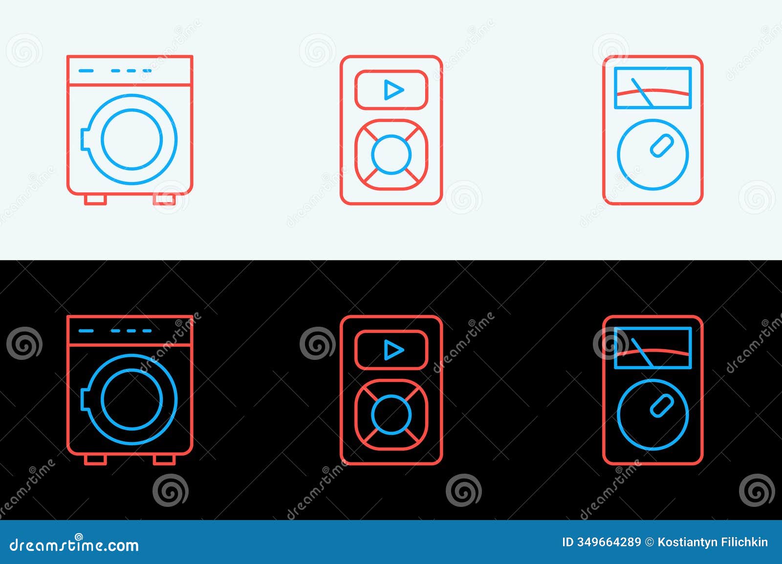Set Line Ampere Meter, Multimeter, Washer and Music Player Icon. Vector ...