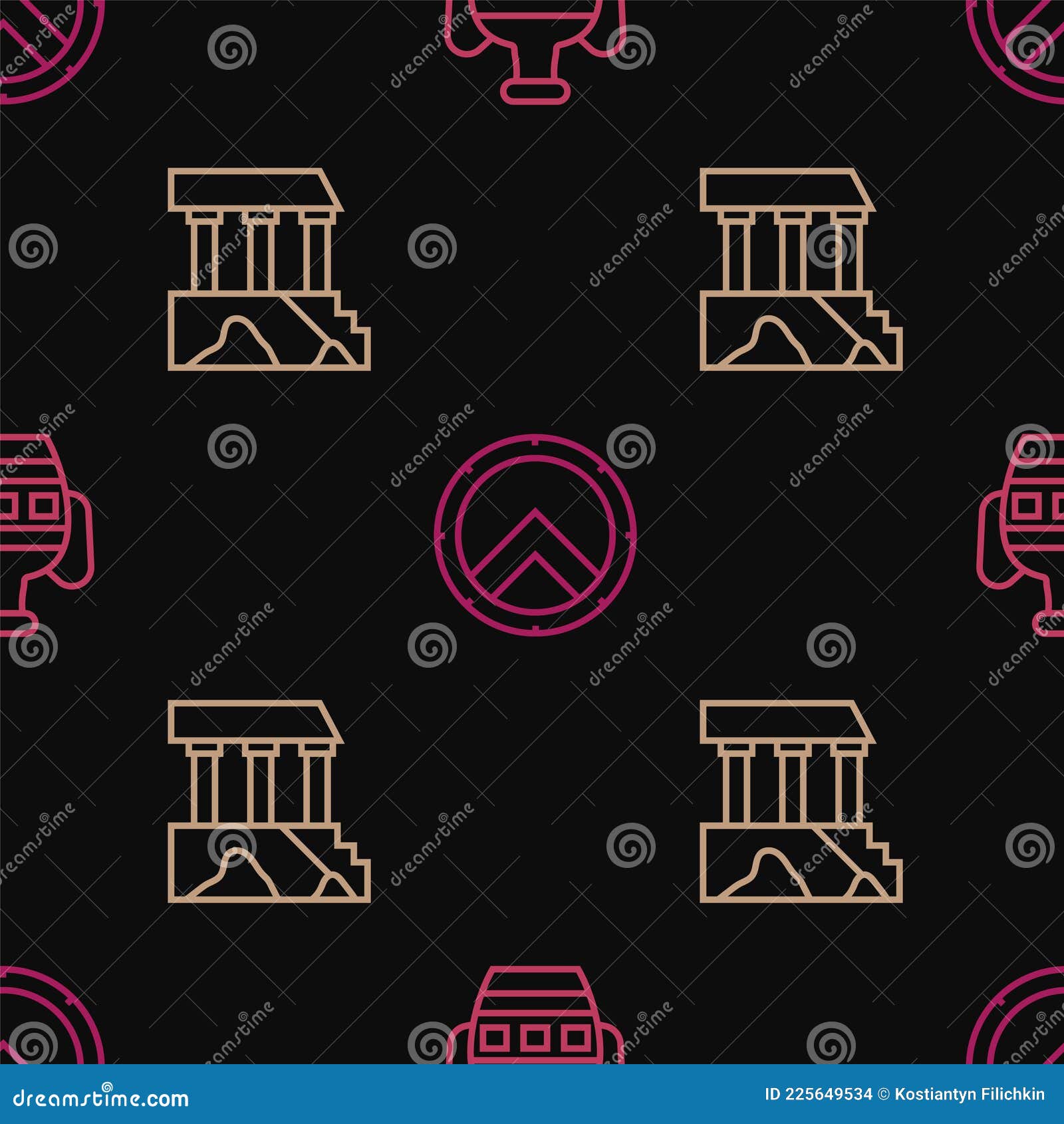 Set Line Ancient Amphorae, Parthenon and Greek Shield on Seamless ...