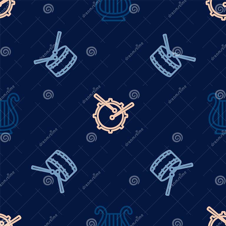 Set Line Ancient Greek Lyre, Drum with Drum Sticks and on Seamless ...