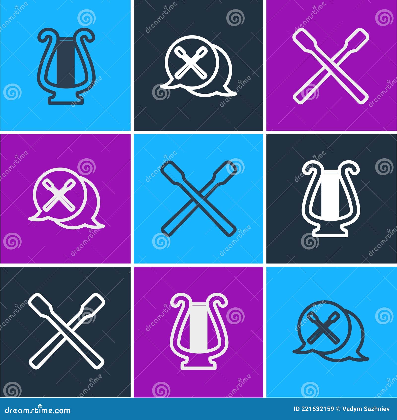 Set Line Ancient Lyre, Drum Sticks and Icon. Vector Stock Vector ...