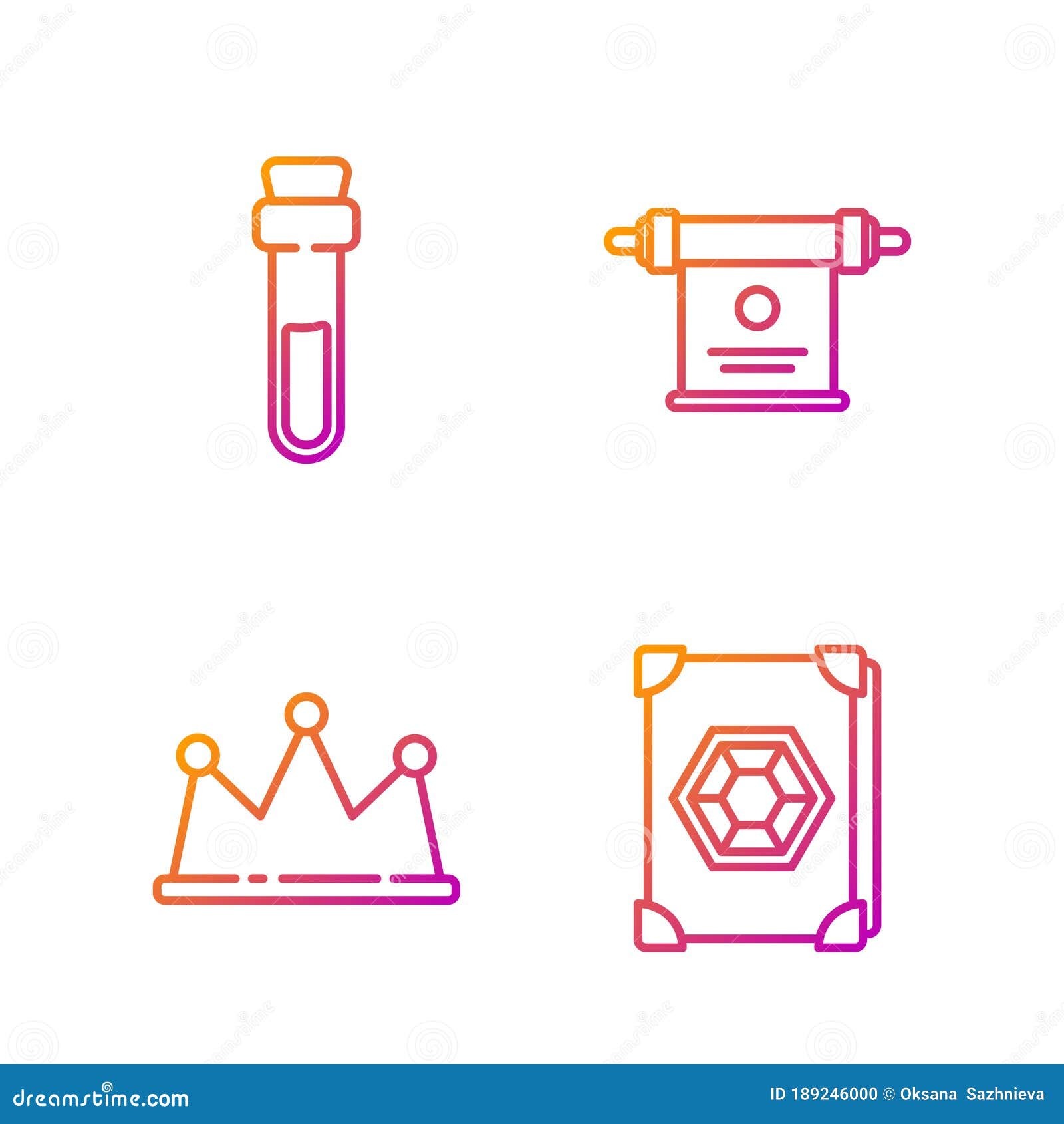 Set Line Ancient Magic Book, Crown, Bottle with Love Potion and Magic ...