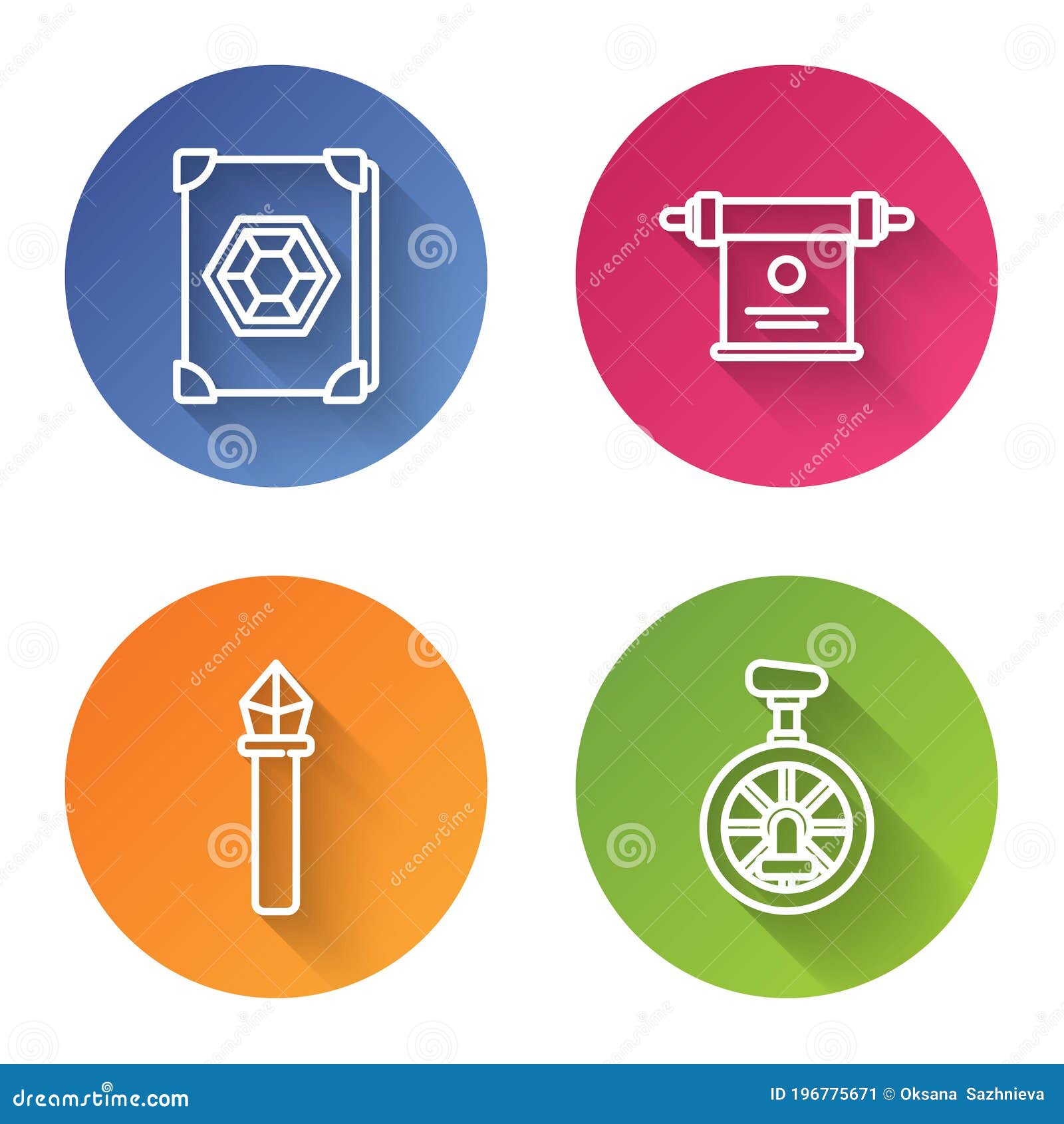 Set Line Ancient Magic Book, Magic Scroll, Magic Staff and Unicycle or ...