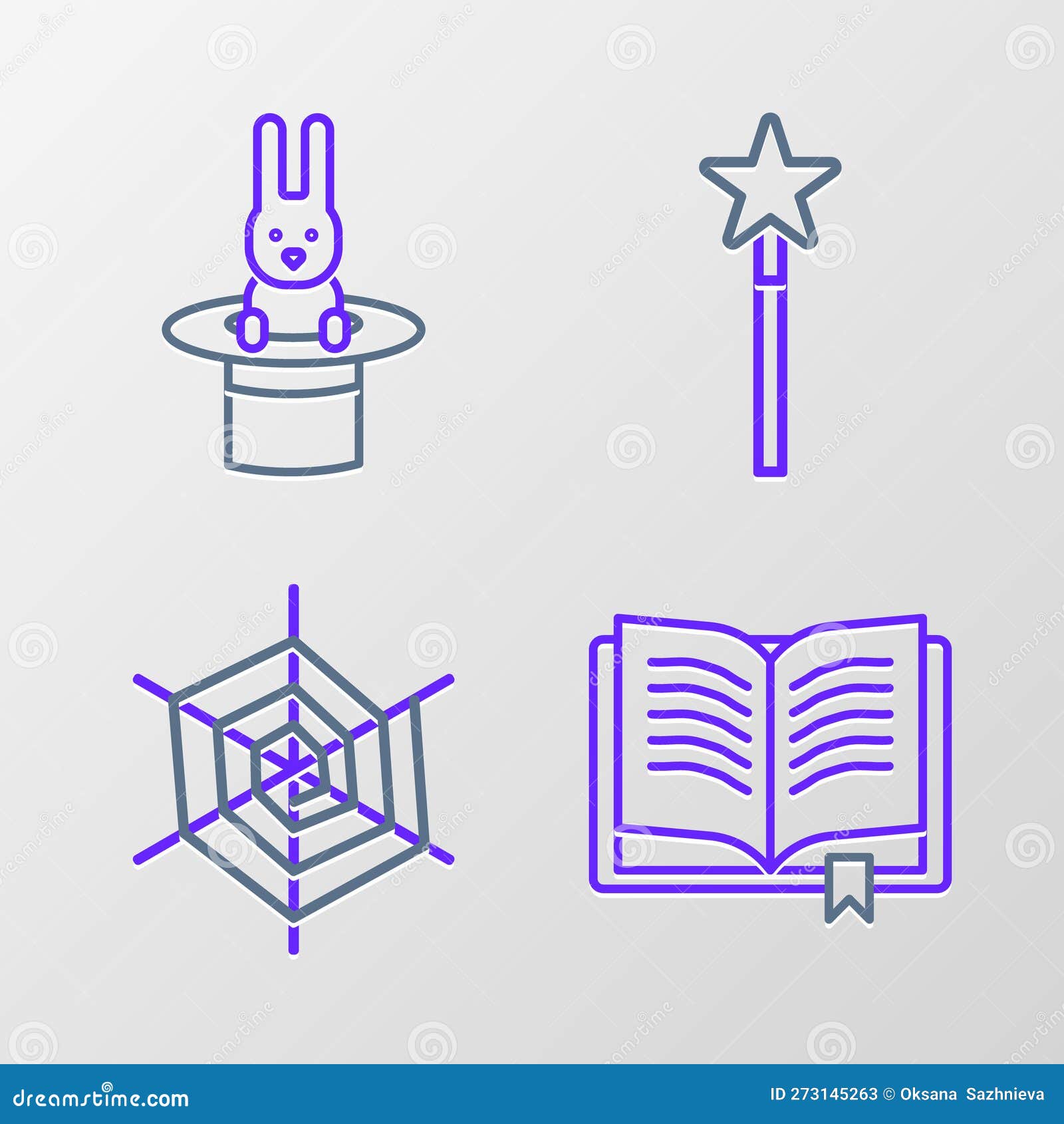 Set Line Ancient Magic Book, Spider Web, Magic Wand and Magician Hat ...
